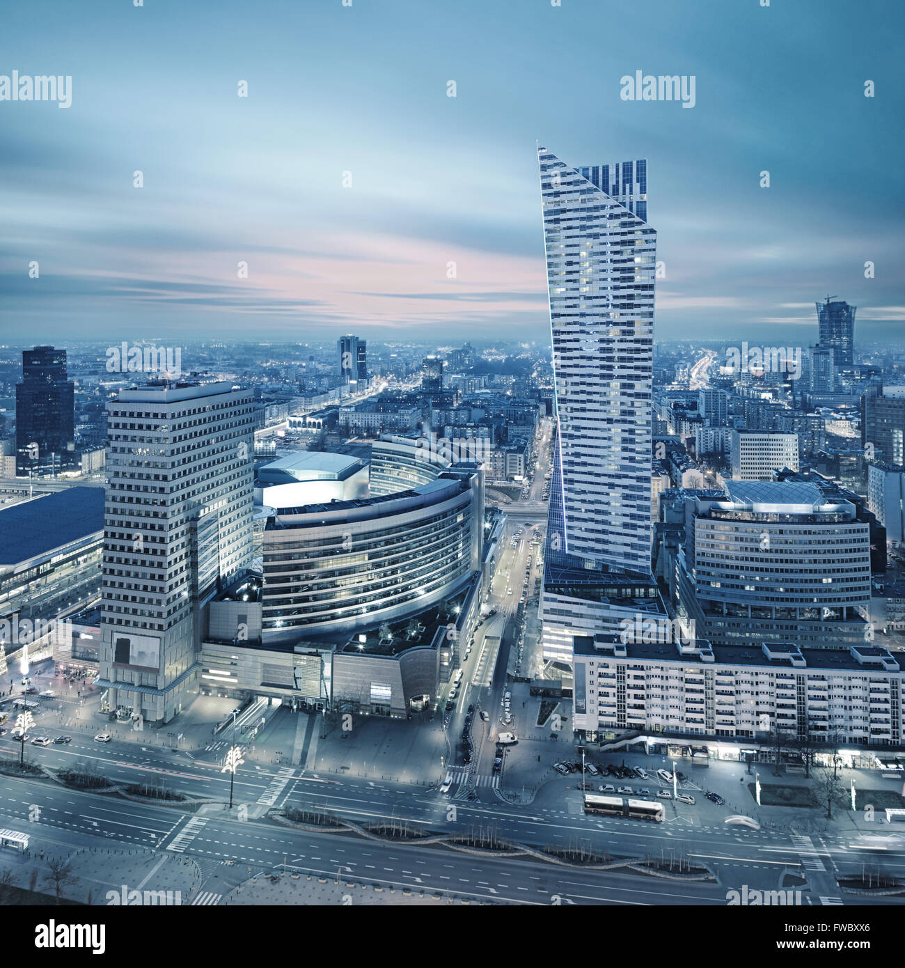 Panorama of modern Warsaw by night Stock Photo - Alamy