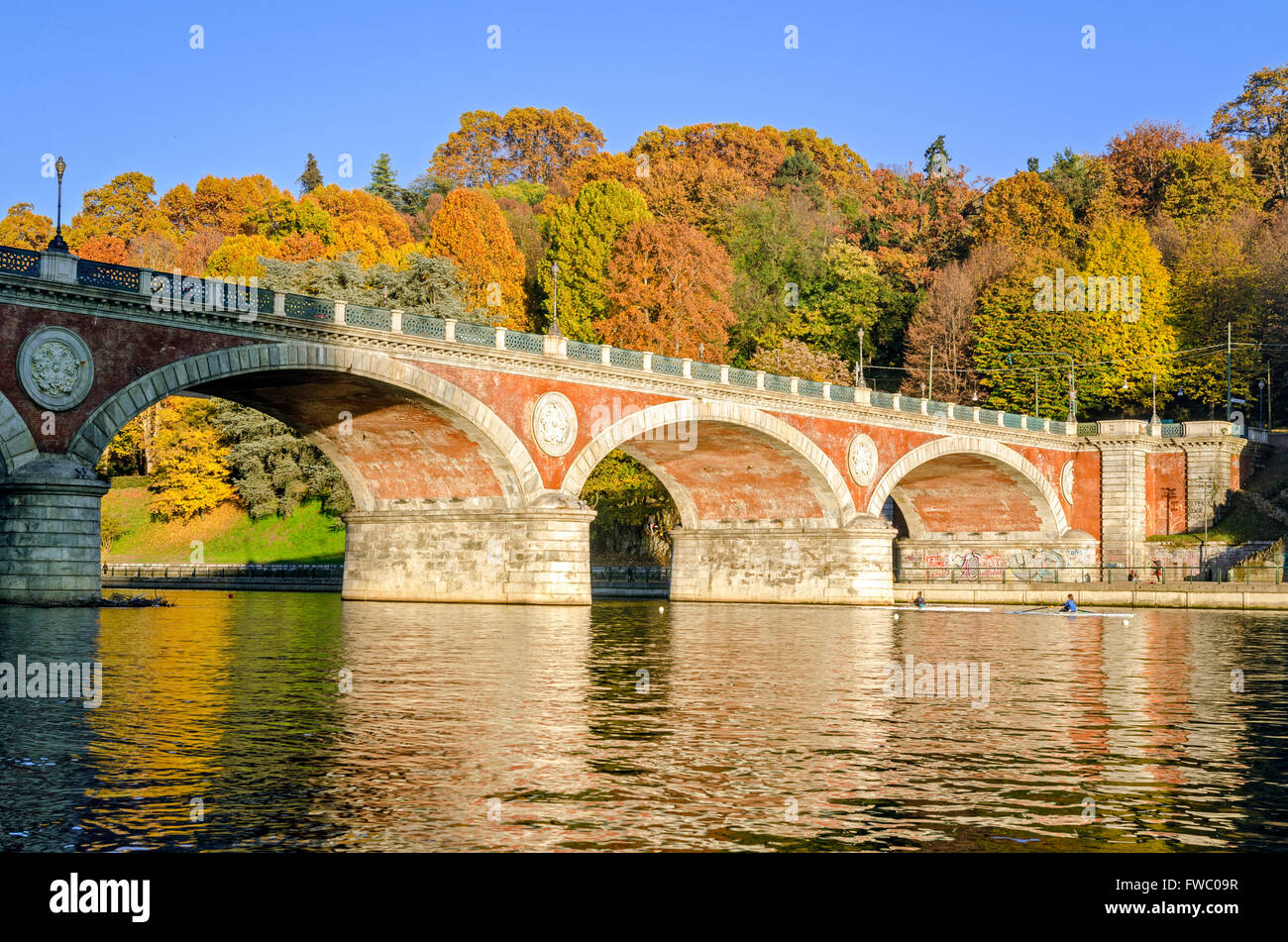 Turin (Torino) Bridge Isabella and River Po in Autumn colors Stock ...