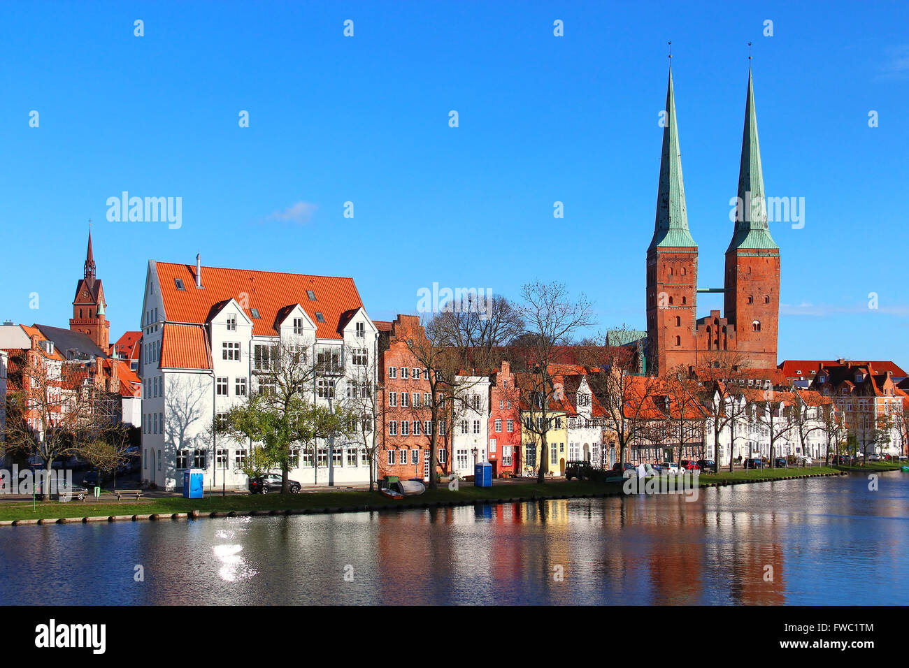 Lubeck old town with Lubeck Cathedral (Lubecker Dom) reflected in Trave ...