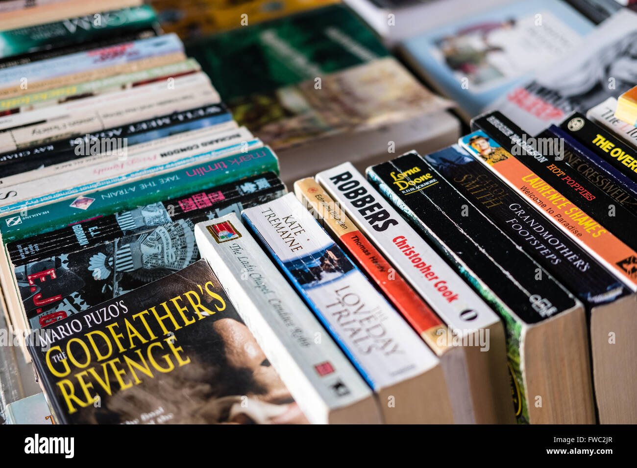 A line of used paper back books at a market near Waterloo in London ...