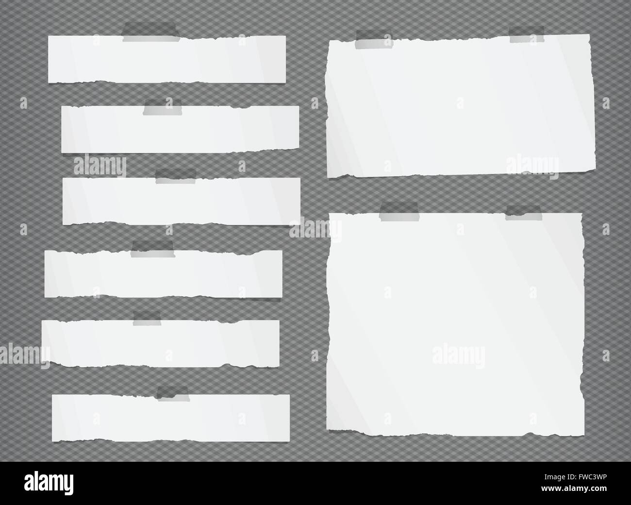 Pieces of torn white blank note paper sticked on gray squared, striped ...