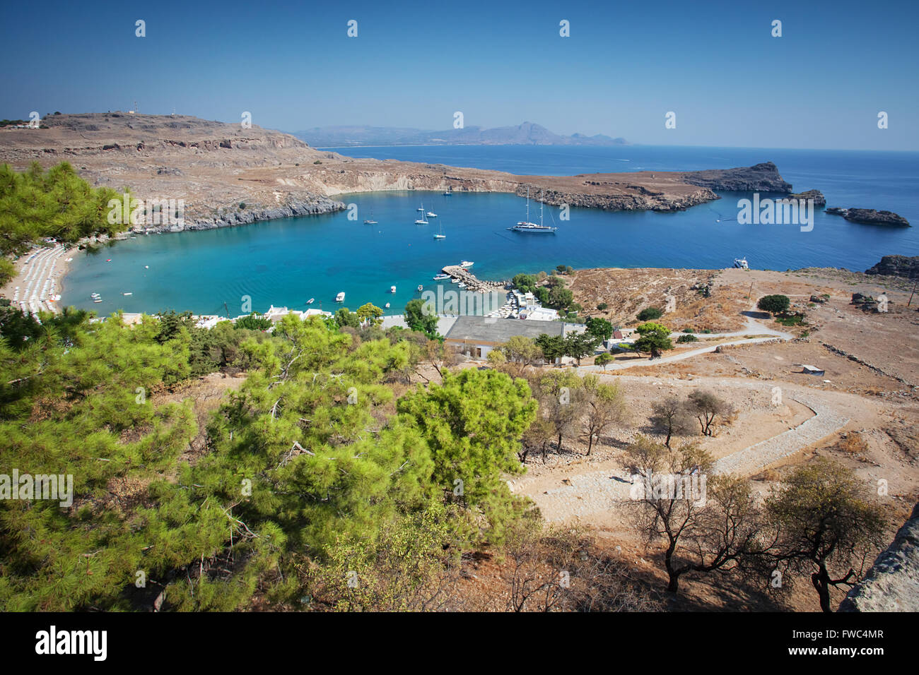 Historical yacht in Lindos bay on Rodos island Stock Photo - Alamy