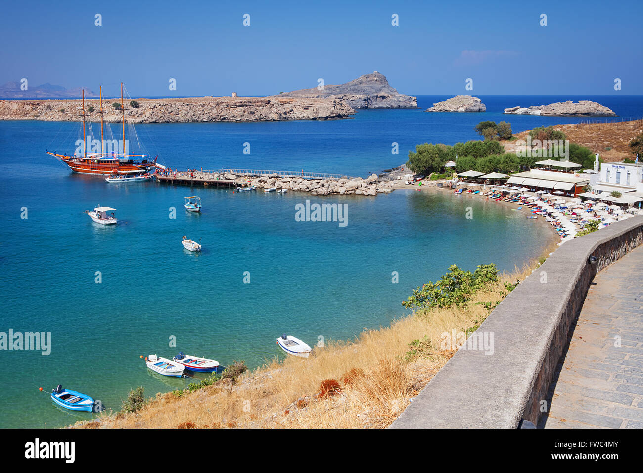 Historical yacht in Lindos bay on Rodos island Stock Photo - Alamy