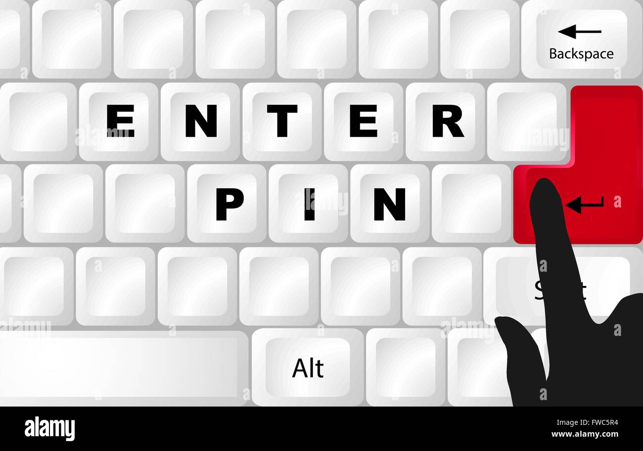 White PC keyboard with black inscription Enter PIN. Black hand is ready ...