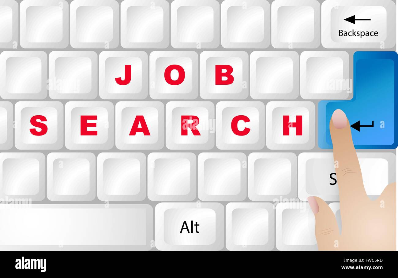 White PC keyboard with red inscription Job Searching. Finger is ready to press blue button Enter ...