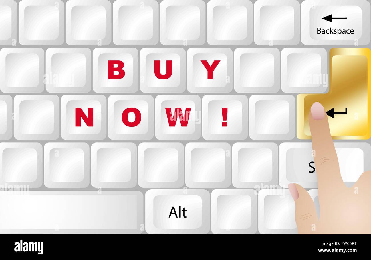 White PC keyboard with red inscription Buy now. Finger is ready to ...