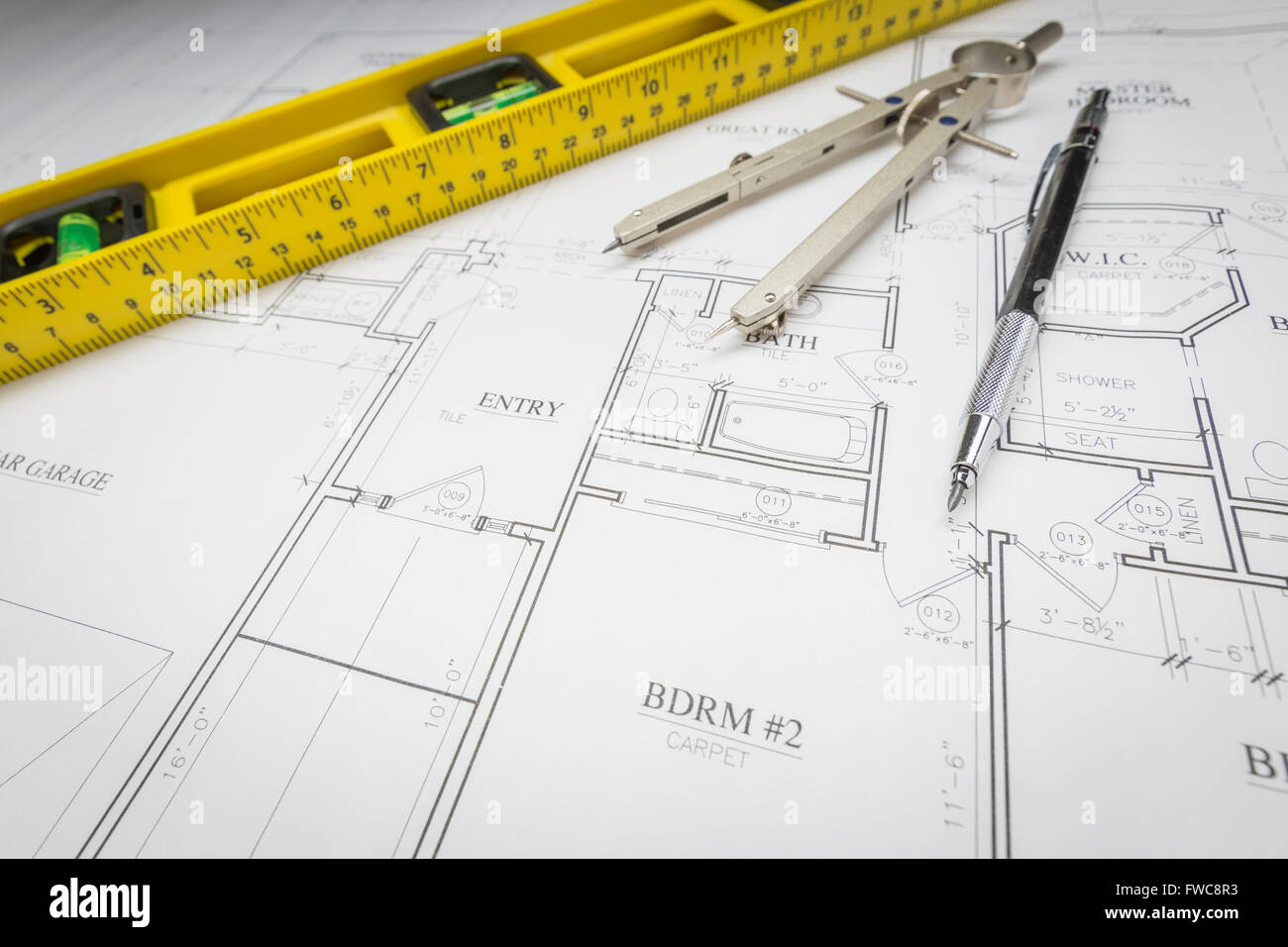 Construction Level, Engineer Pencil, Ruler and Compass Resting on ...