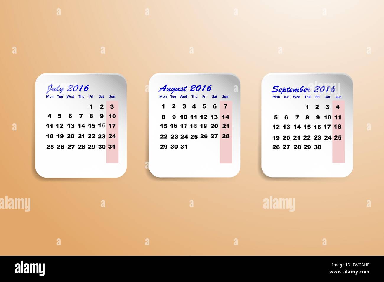 Three white paper sheets with calendar for the third quarter of the ...