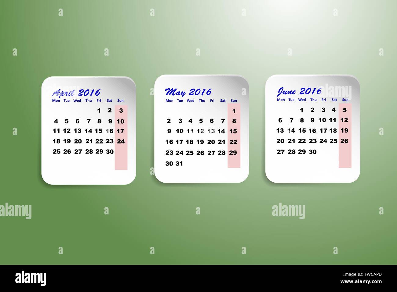 Three white paper sheets with calendar for the second quarter of the ...