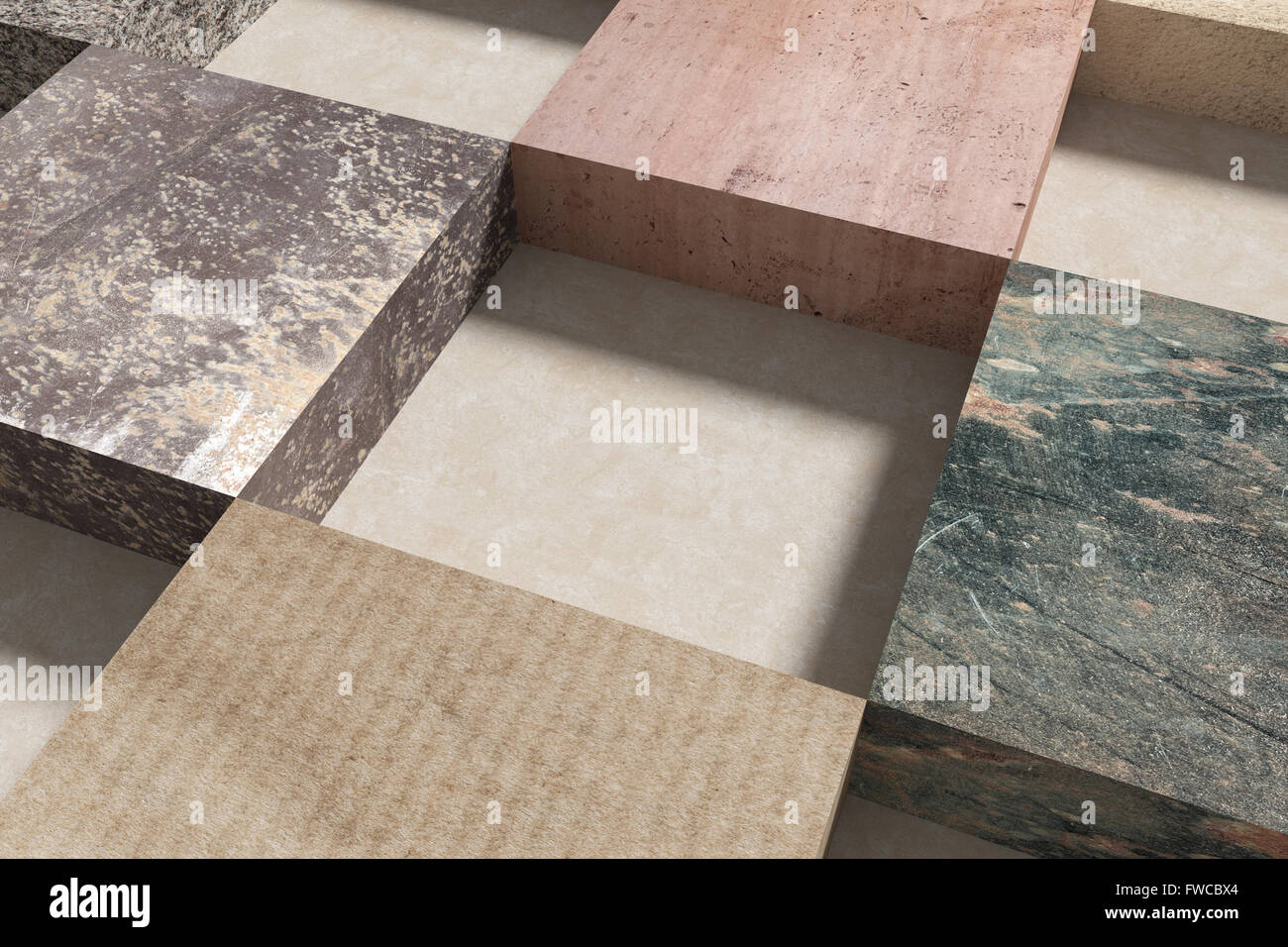 3d rendering of side view on wall made of different square elements ...
