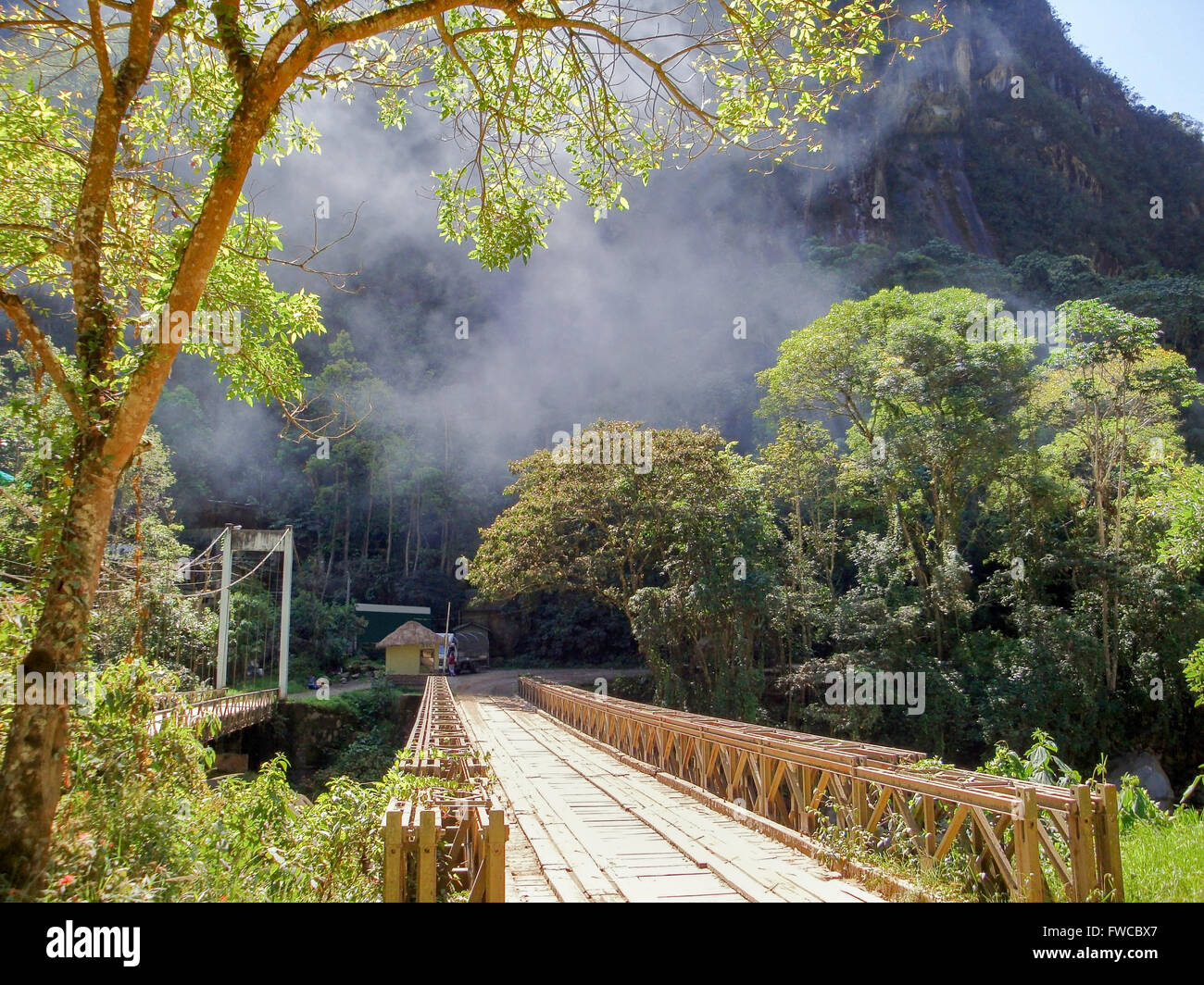 wooden bridge near Machu Picchu, a ancient Inka city in the Andes ...