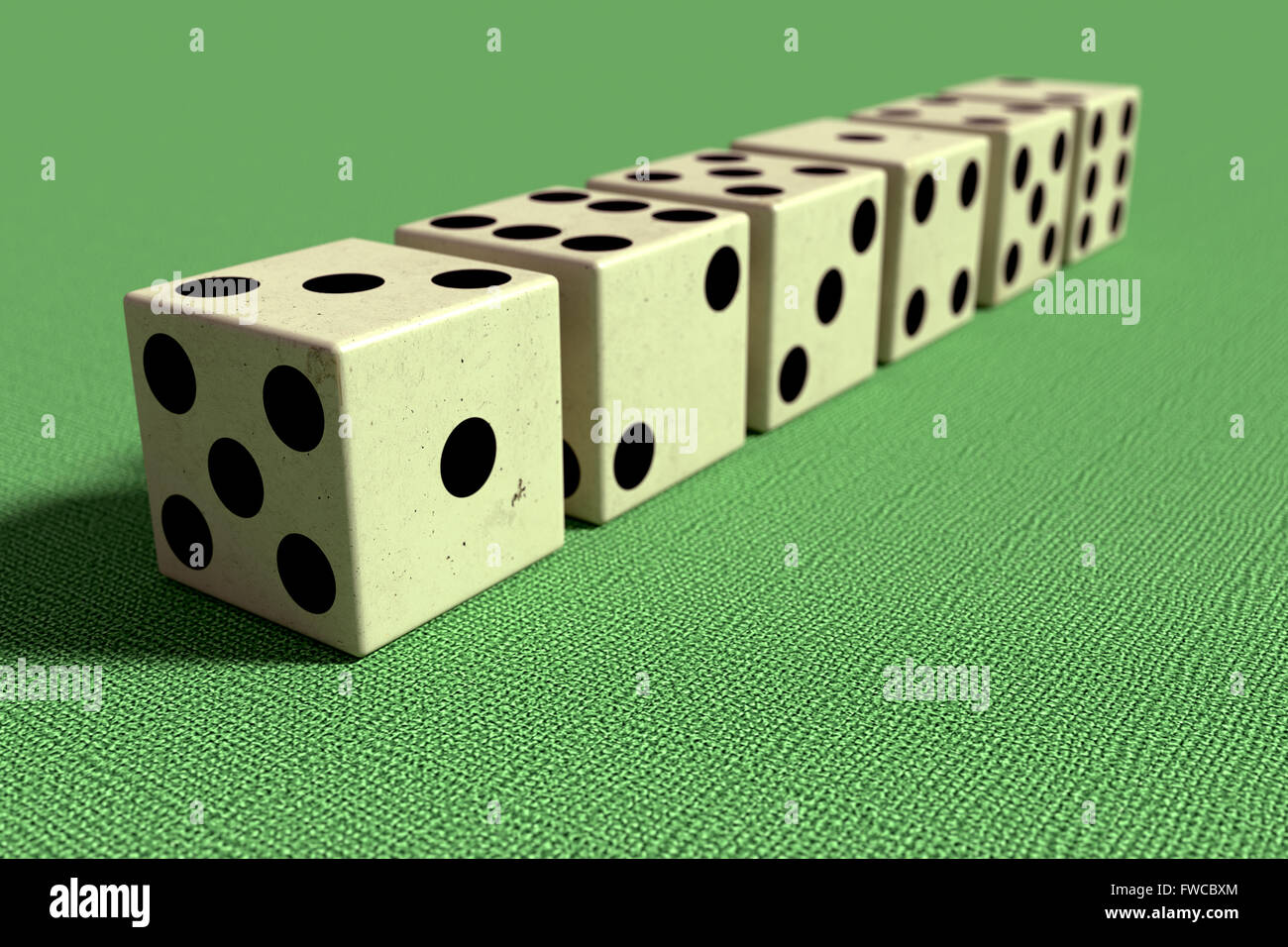 3d rendering of six three-dimensional dice casting shadow on green ...