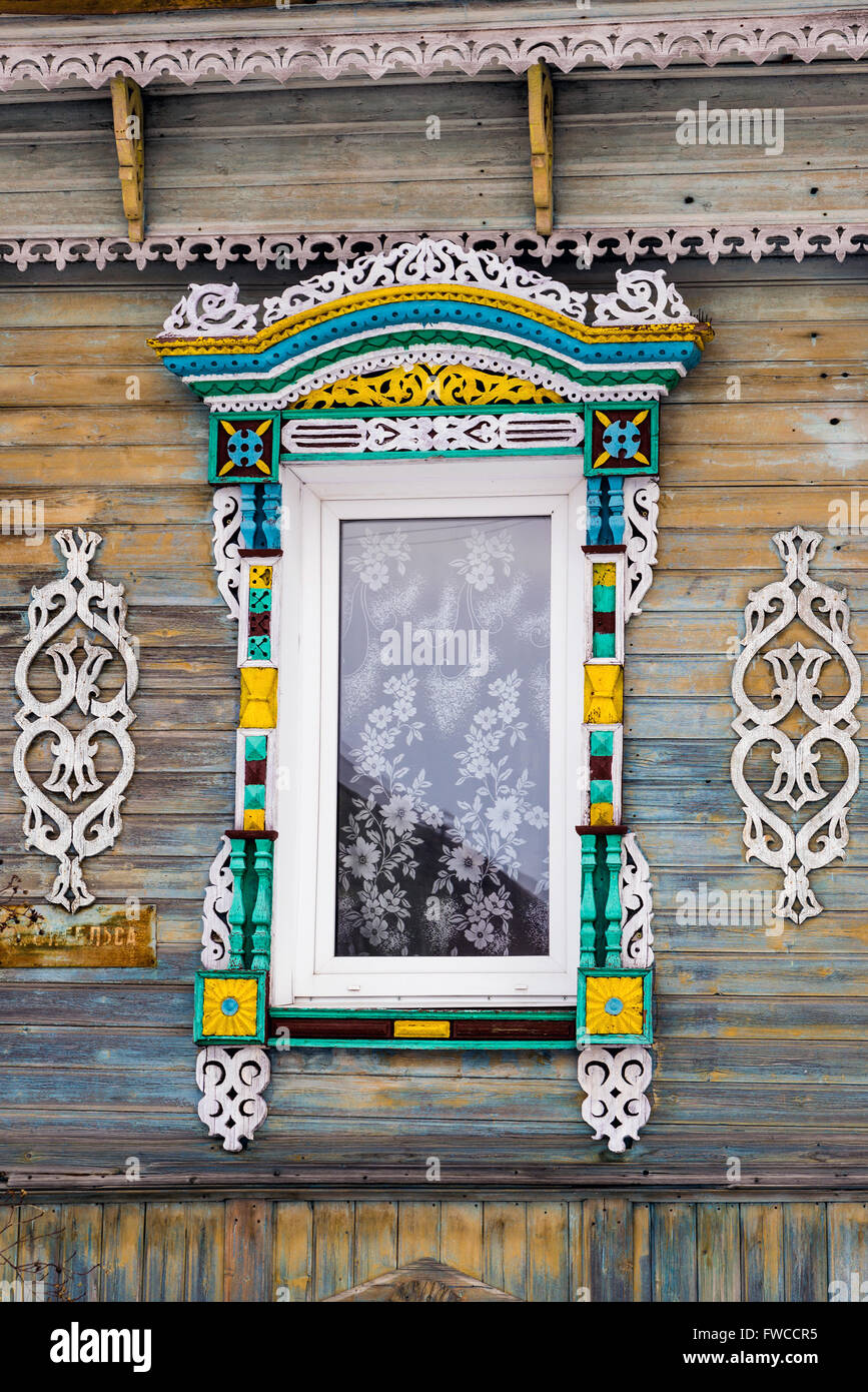 Carved window in old russian wooden country house Stock Photo - Alamy