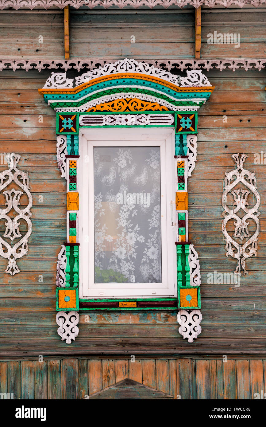 Carved window in old russian wooden country house Stock Photo - Alamy
