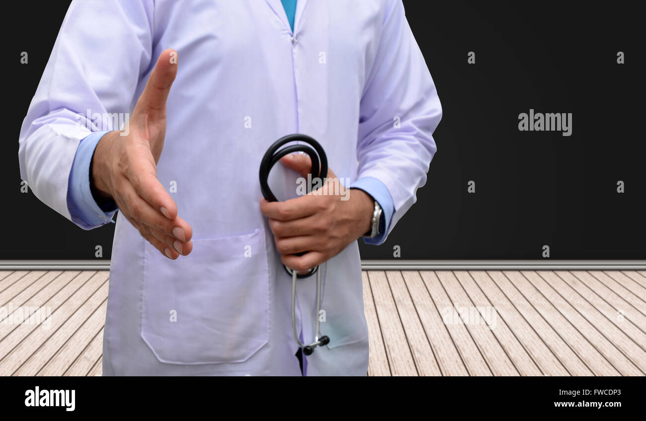 Medical professional doctor hand shake gesture in 3D illustrated room ...