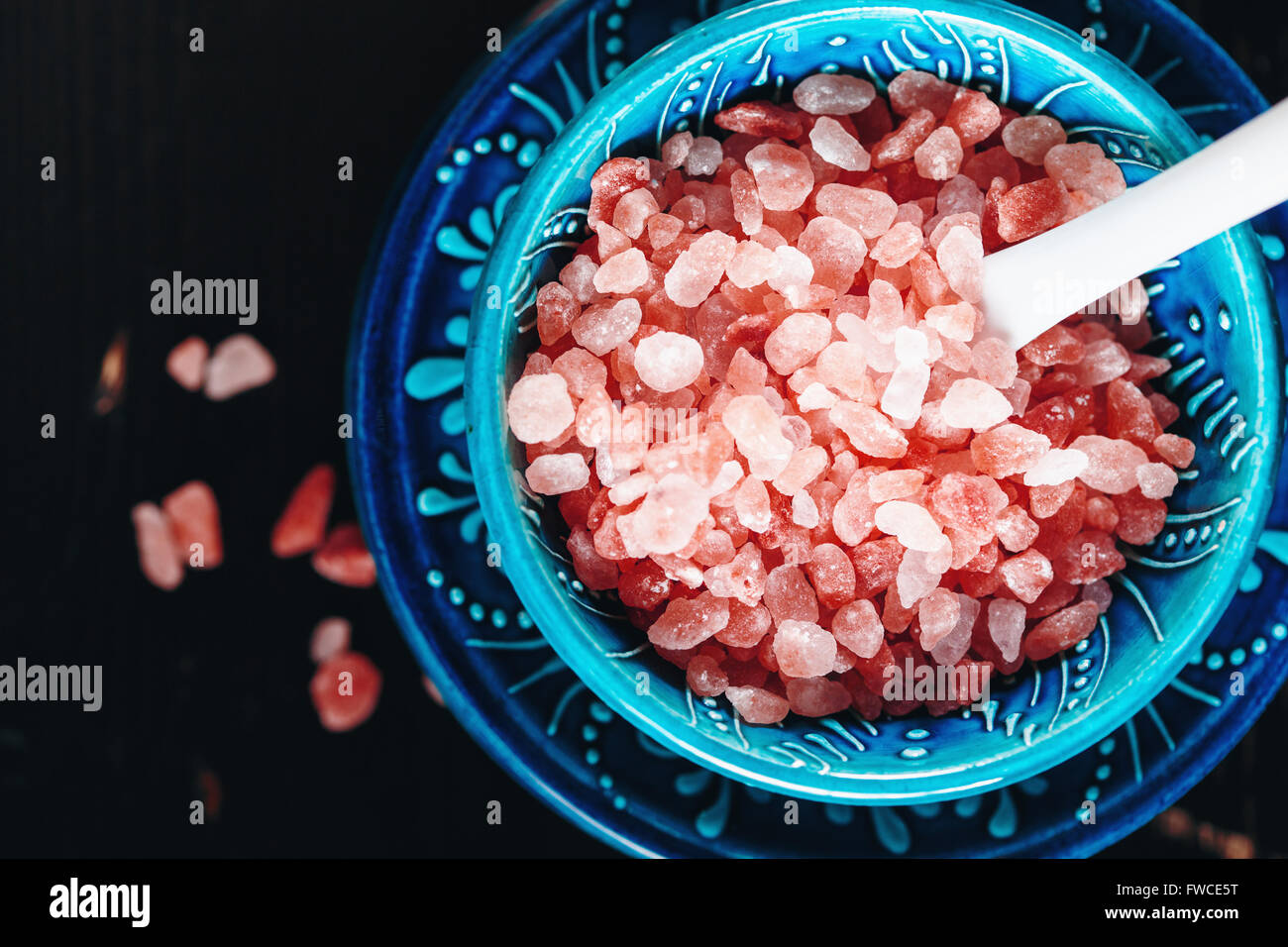 Himalayan Pink Salt Crystals Close Up in a Blue Ceramic Authentic Bowl ...