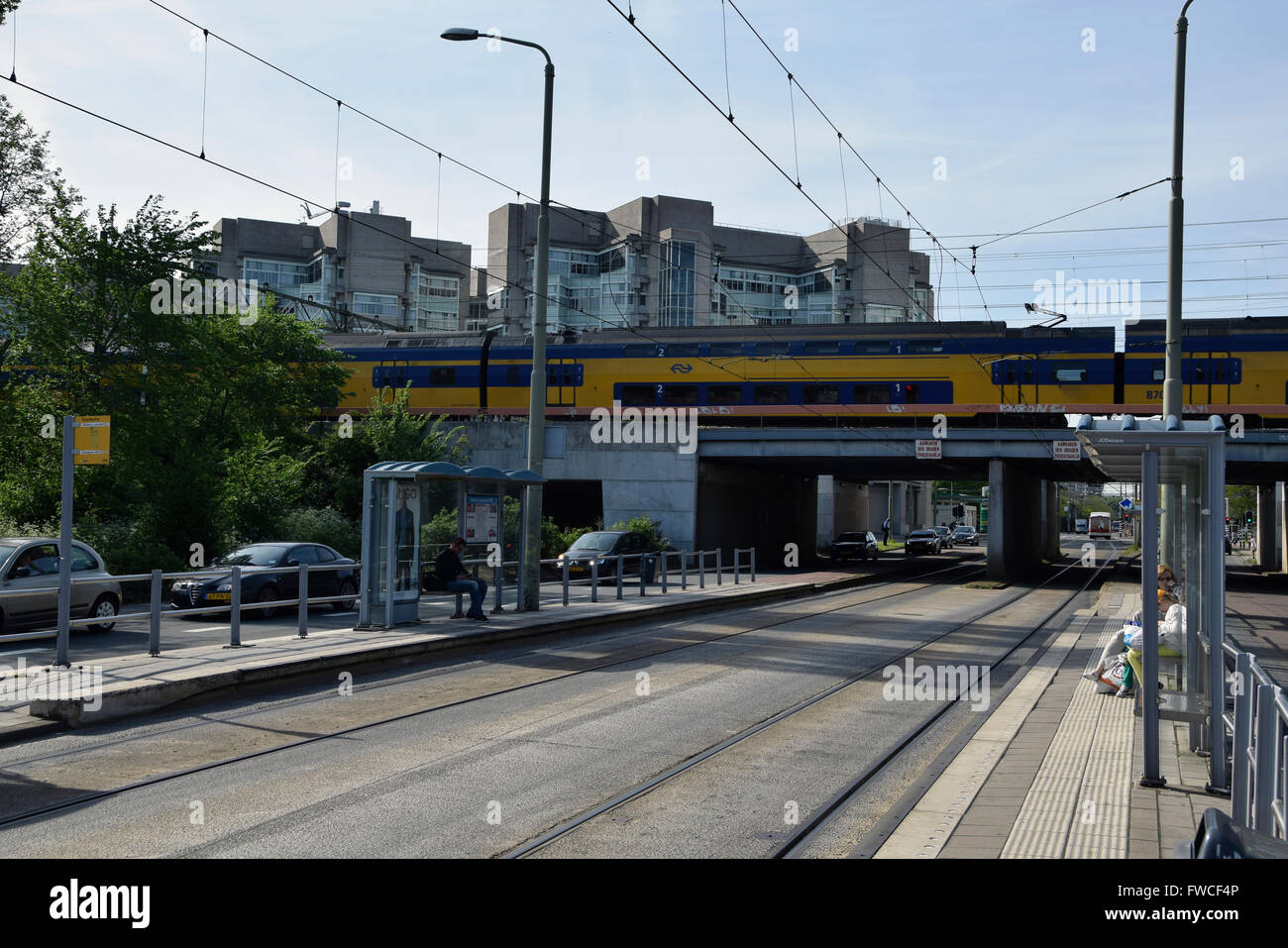 Tram line segregation underneath the main railway line in the Hague ...