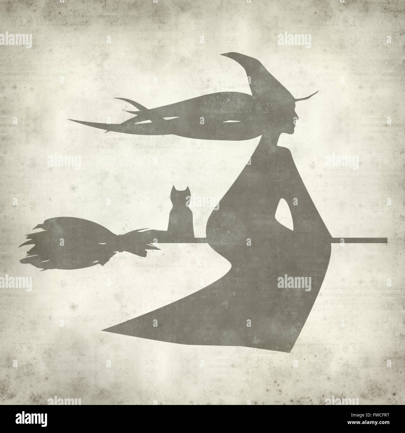 textured old paper background with flying witch illustration Stock ...