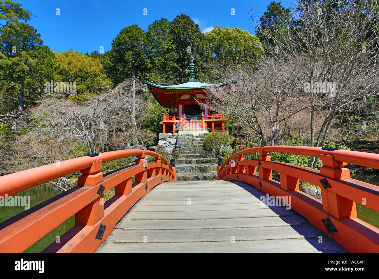Bentendo Hall and bridge at Daigoji Buddhist Temple with cherry blossom ...
