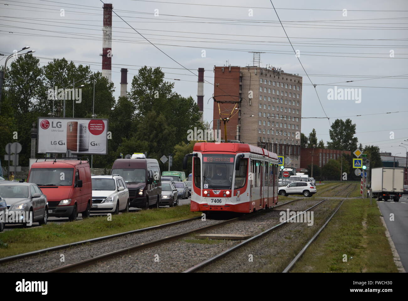 Bi-directional tram on route 39 at the segregation of Dalnevostochny ...