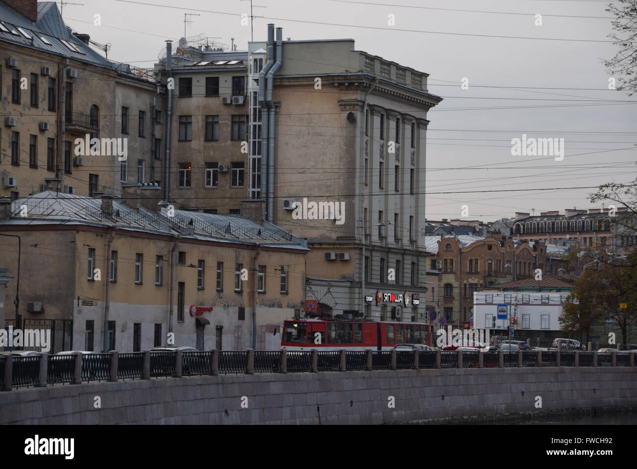 Tram on diverted route 48 at Karpovka River Embankment in Saint ...