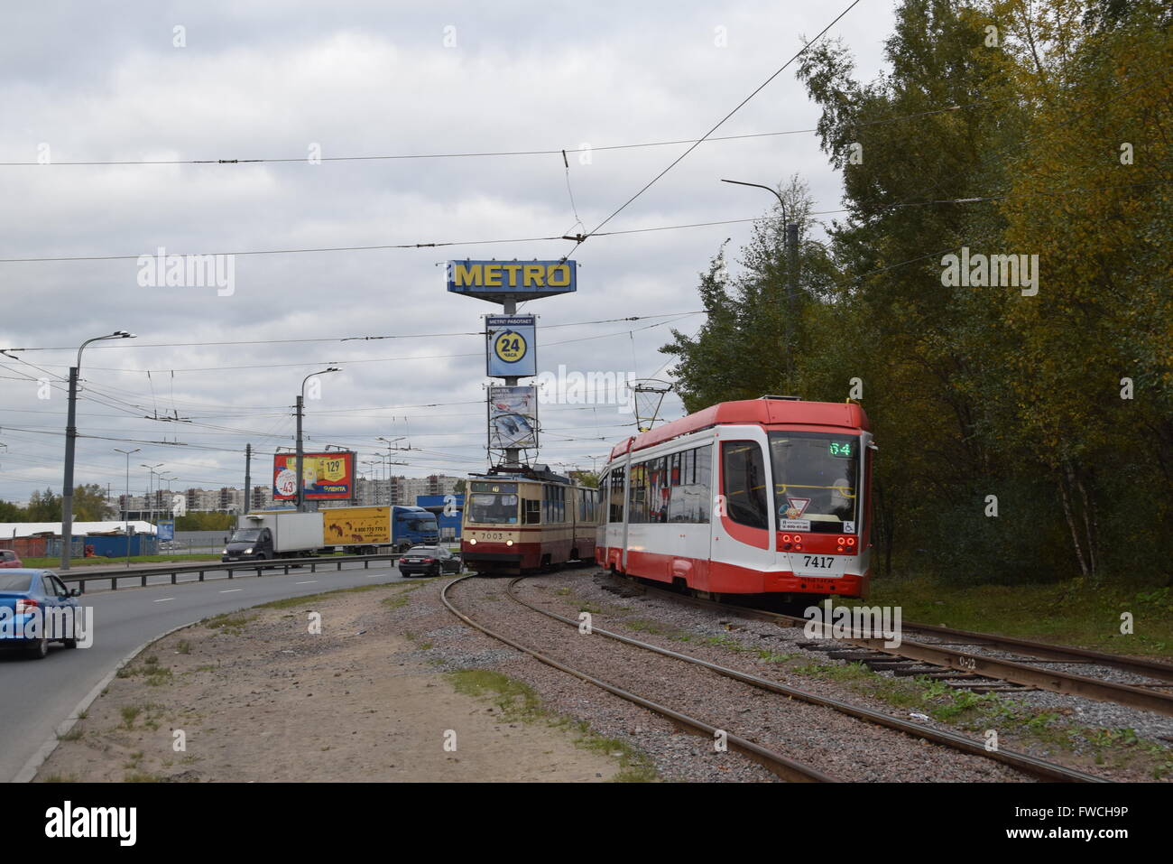 Tramway track steep turn at segregation of Prospect Kosygina in Saint ...