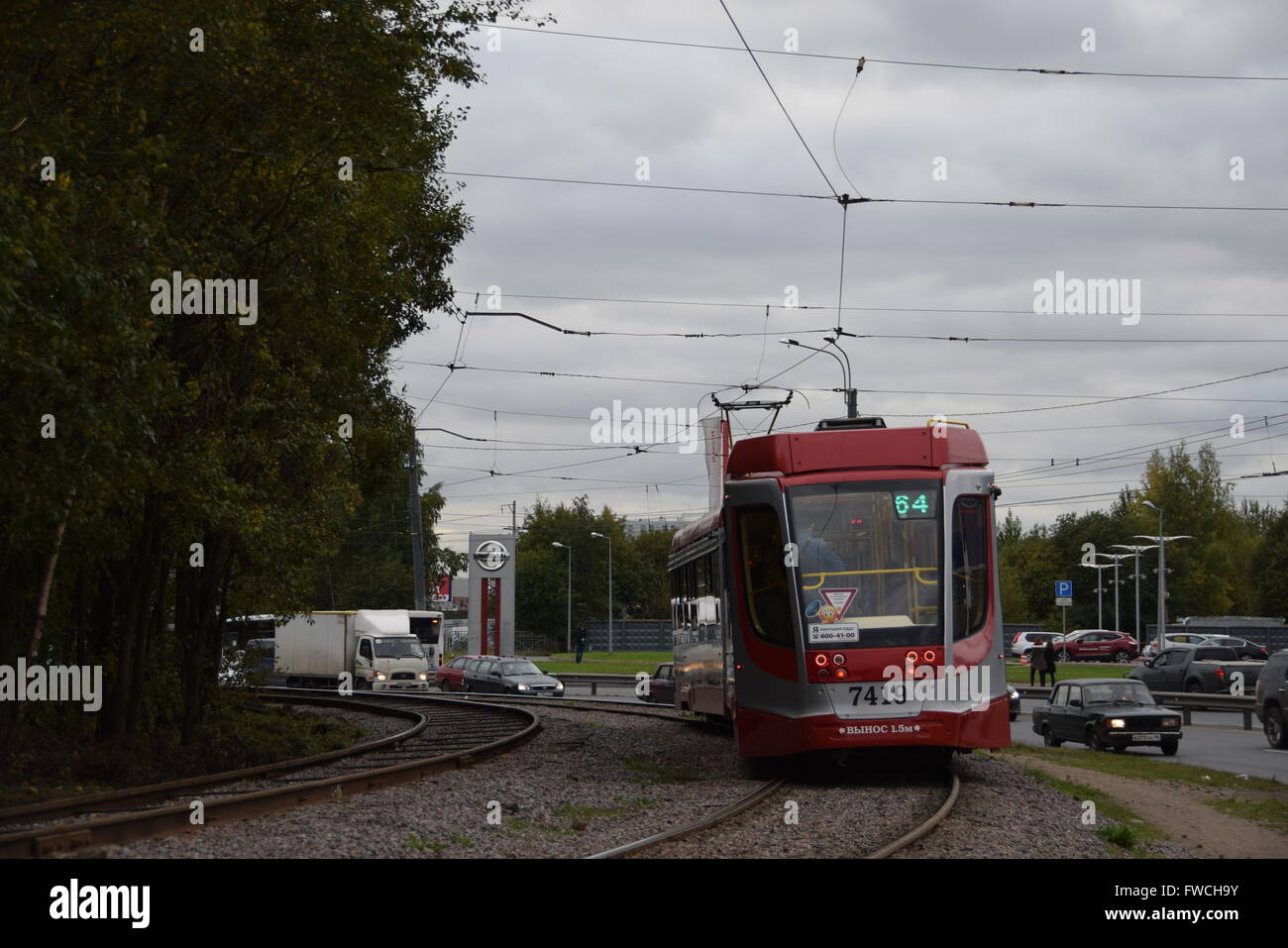 Tramway track steep turn at segregation of Prospect Kosygina in Saint ...