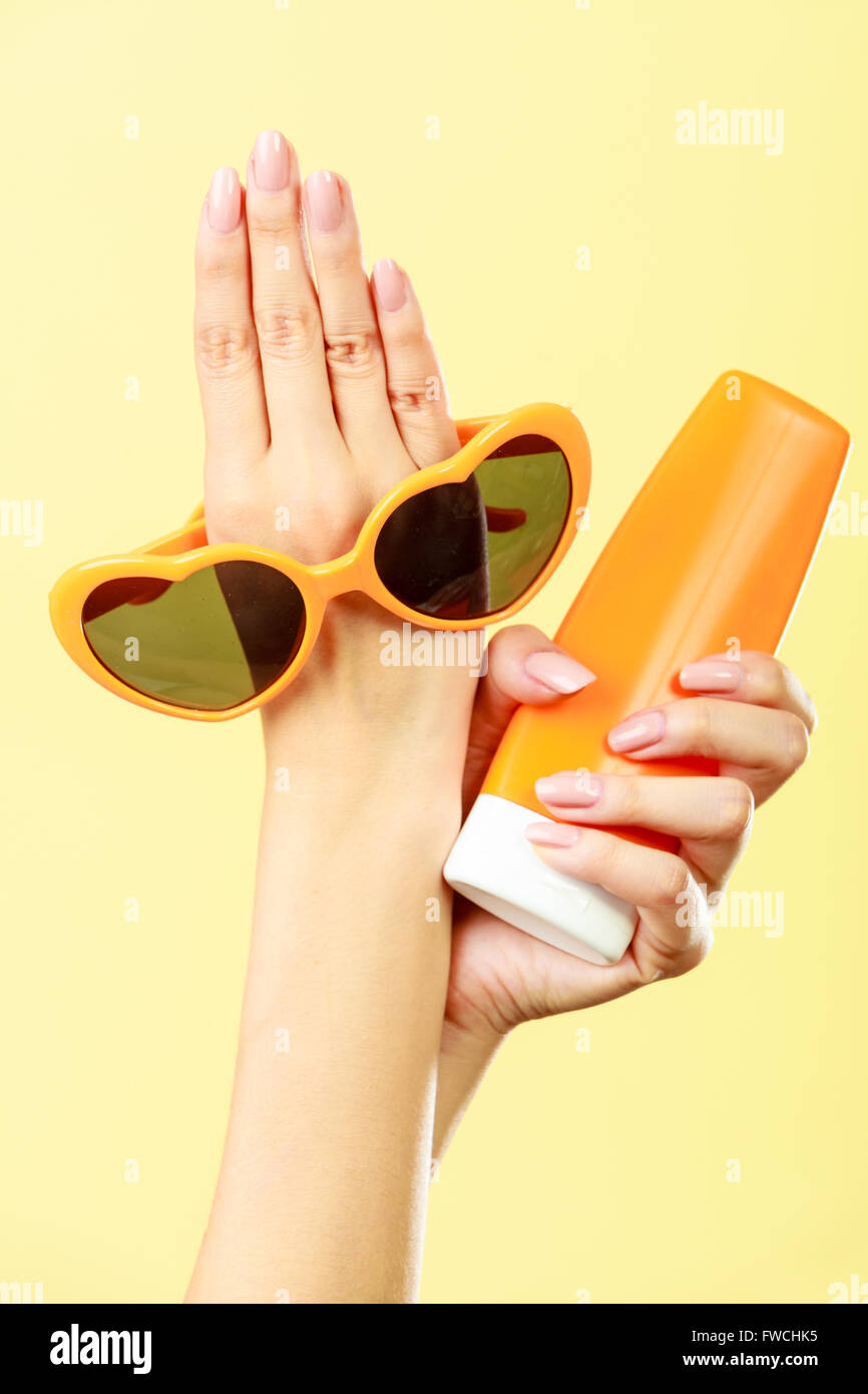 Holidays summer fashion eyes protection and skin care concept. Woman ...