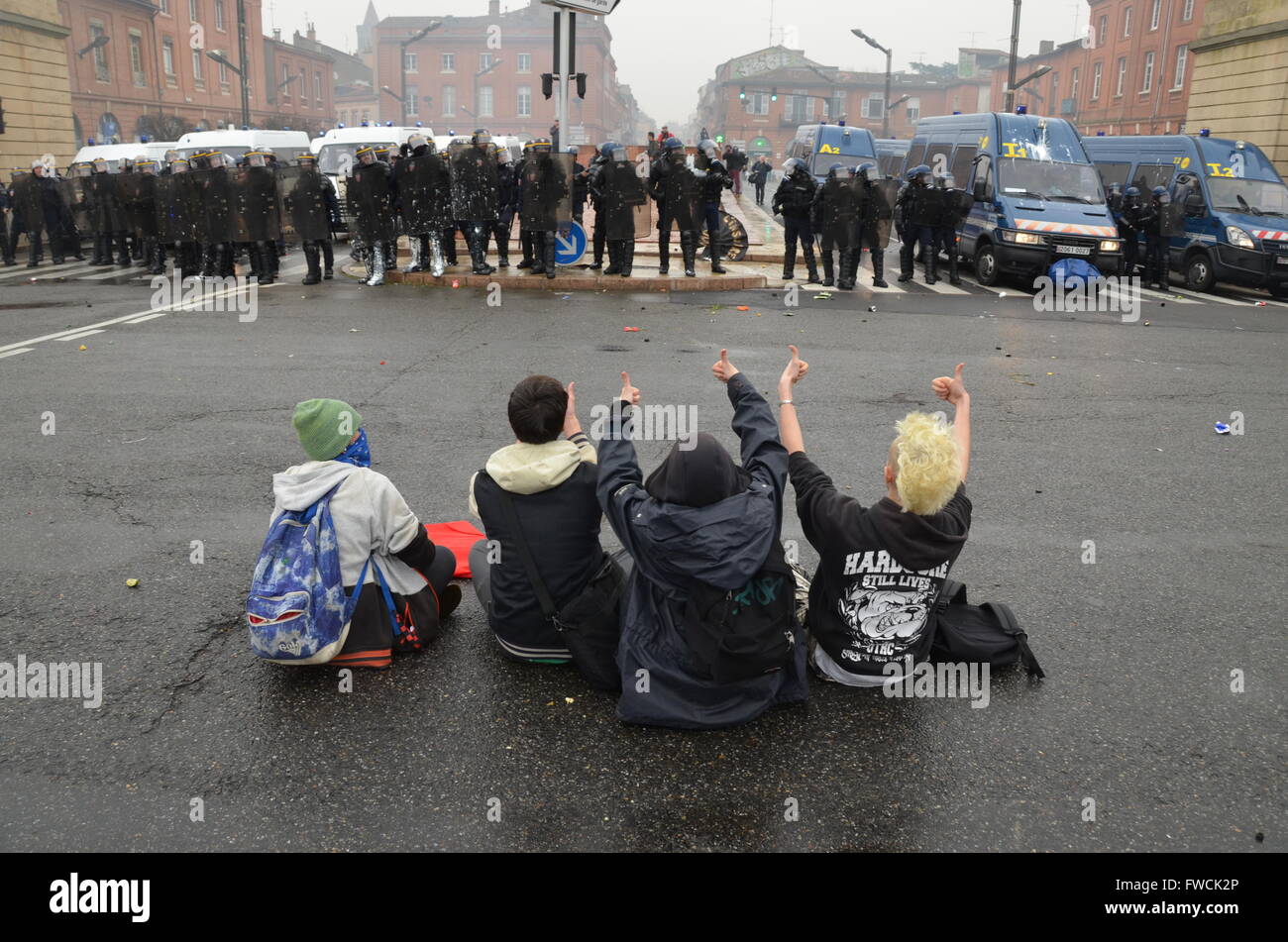 French riot police in action in Toulouse, south west of France, during ...