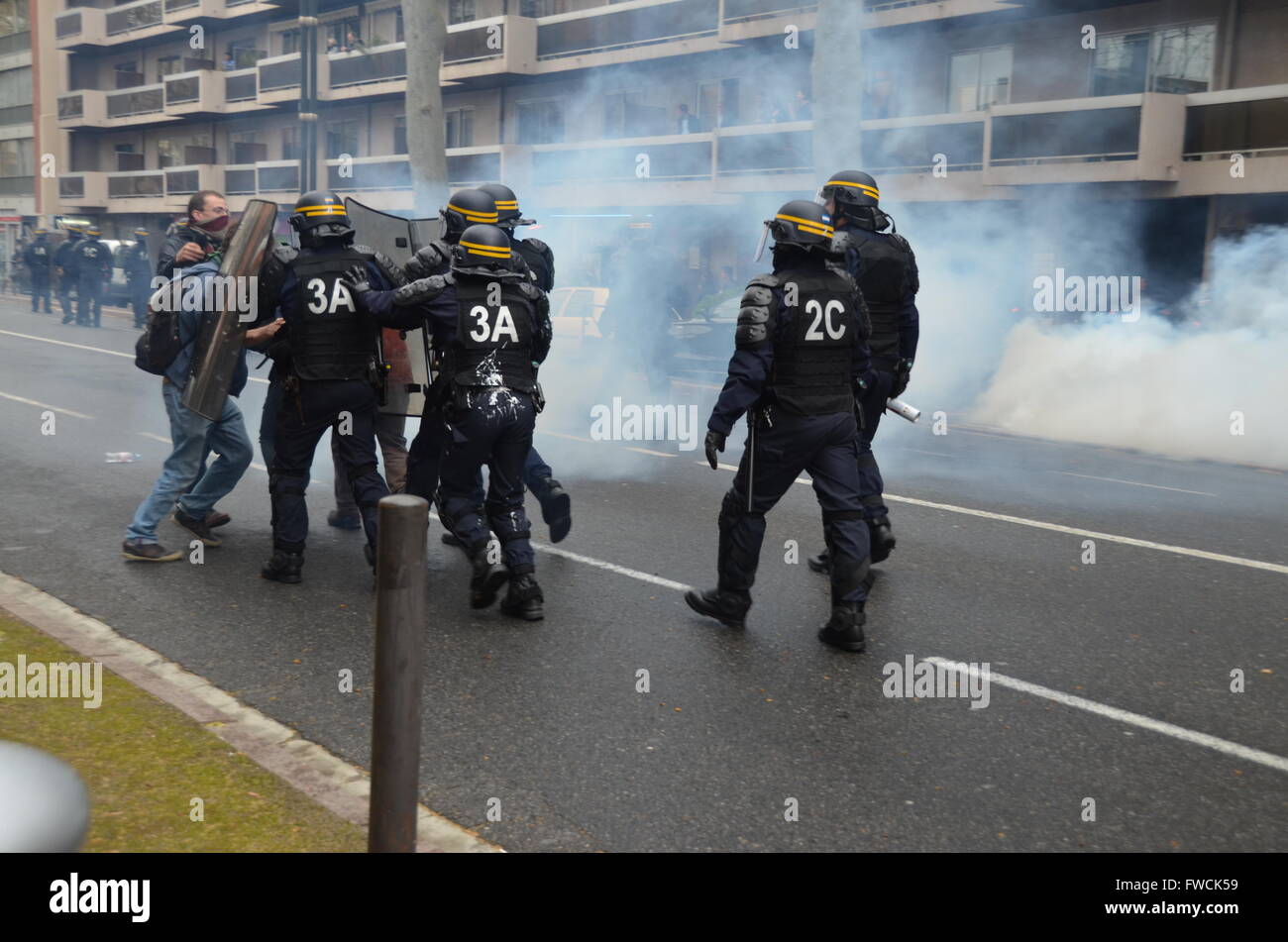 French riot police in action in Toulouse, south west of France, during ...