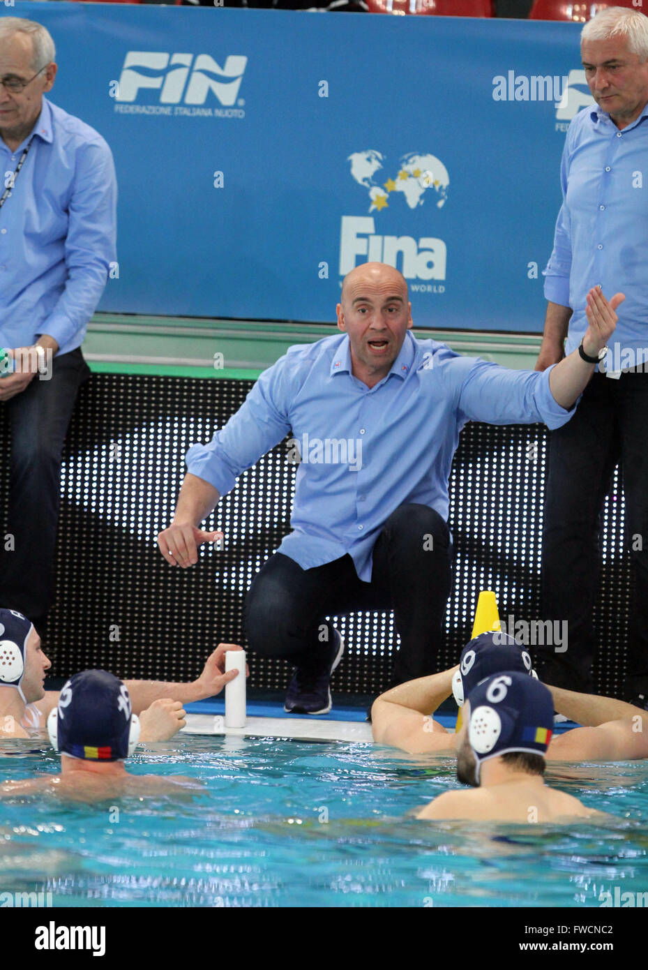 Romania's Coach Dejan Stanojevic speaks during Men's Water Polo Olympic Games Qualification ...