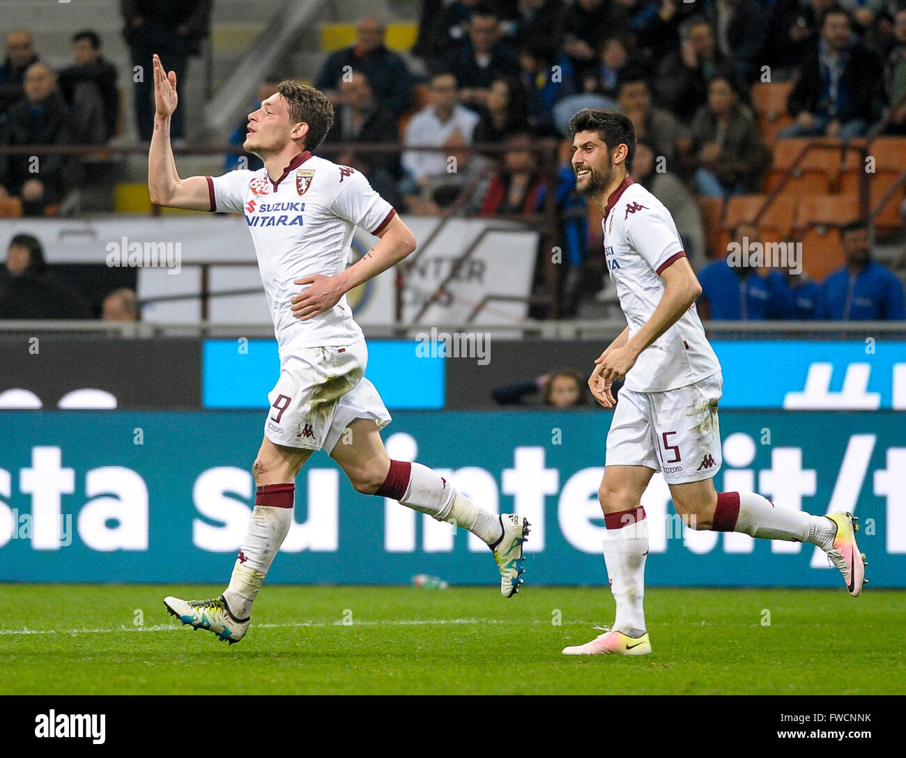 Milan, Italy. 03rd Apr, 2016. Andrea Belotti (left) celebrates after ...