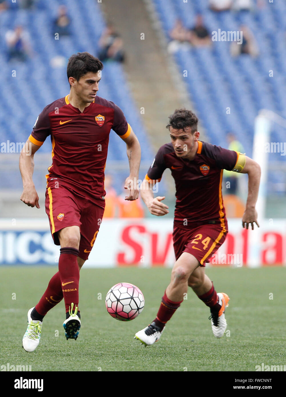 Rome, Italy. 03rd Apr, 2016. RomaÕs Diego Perotti, left, and Alessandro ...