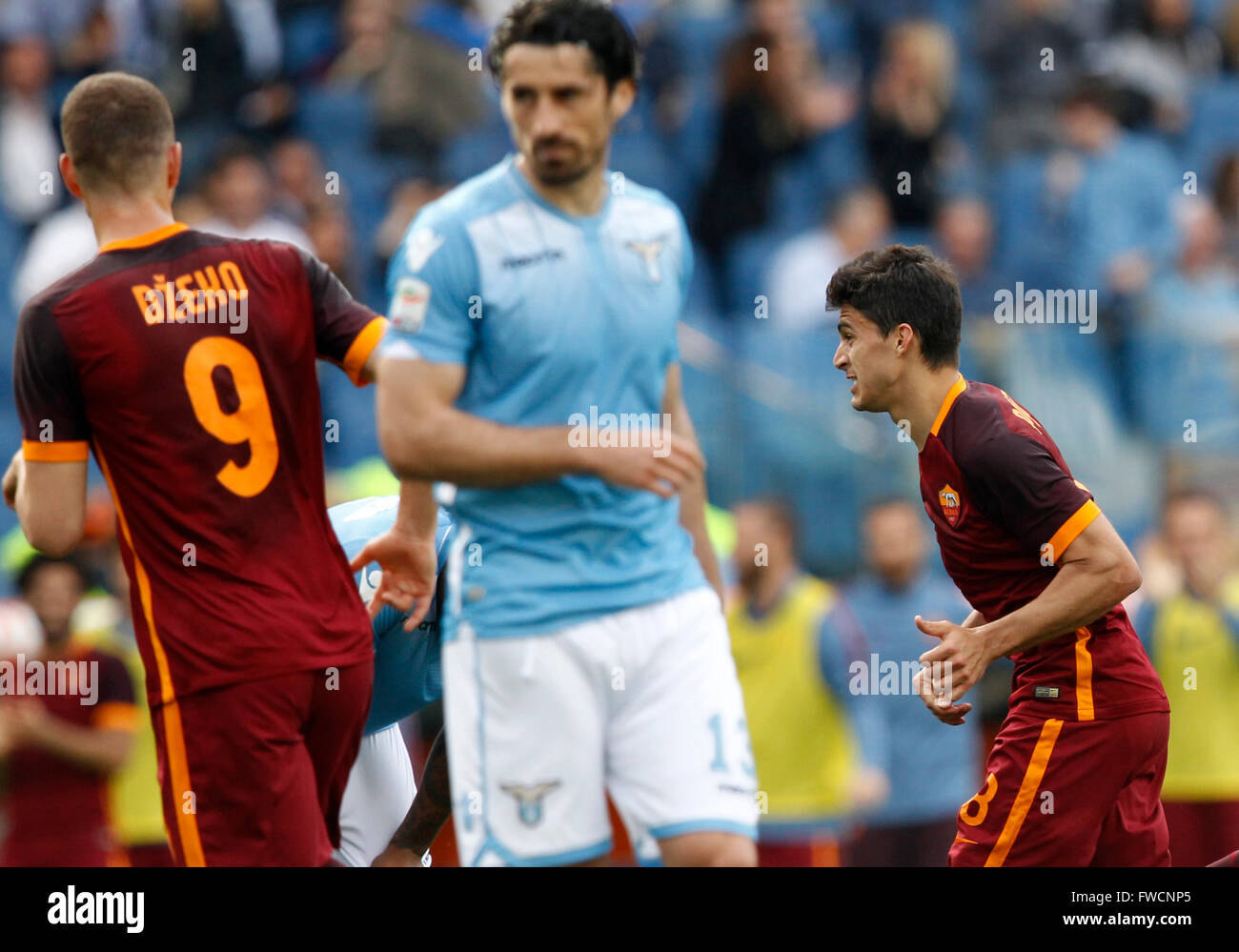 Rome, Italy. 03rd Apr, 2016. Roma's Diego Perotti, right, celebrates ...