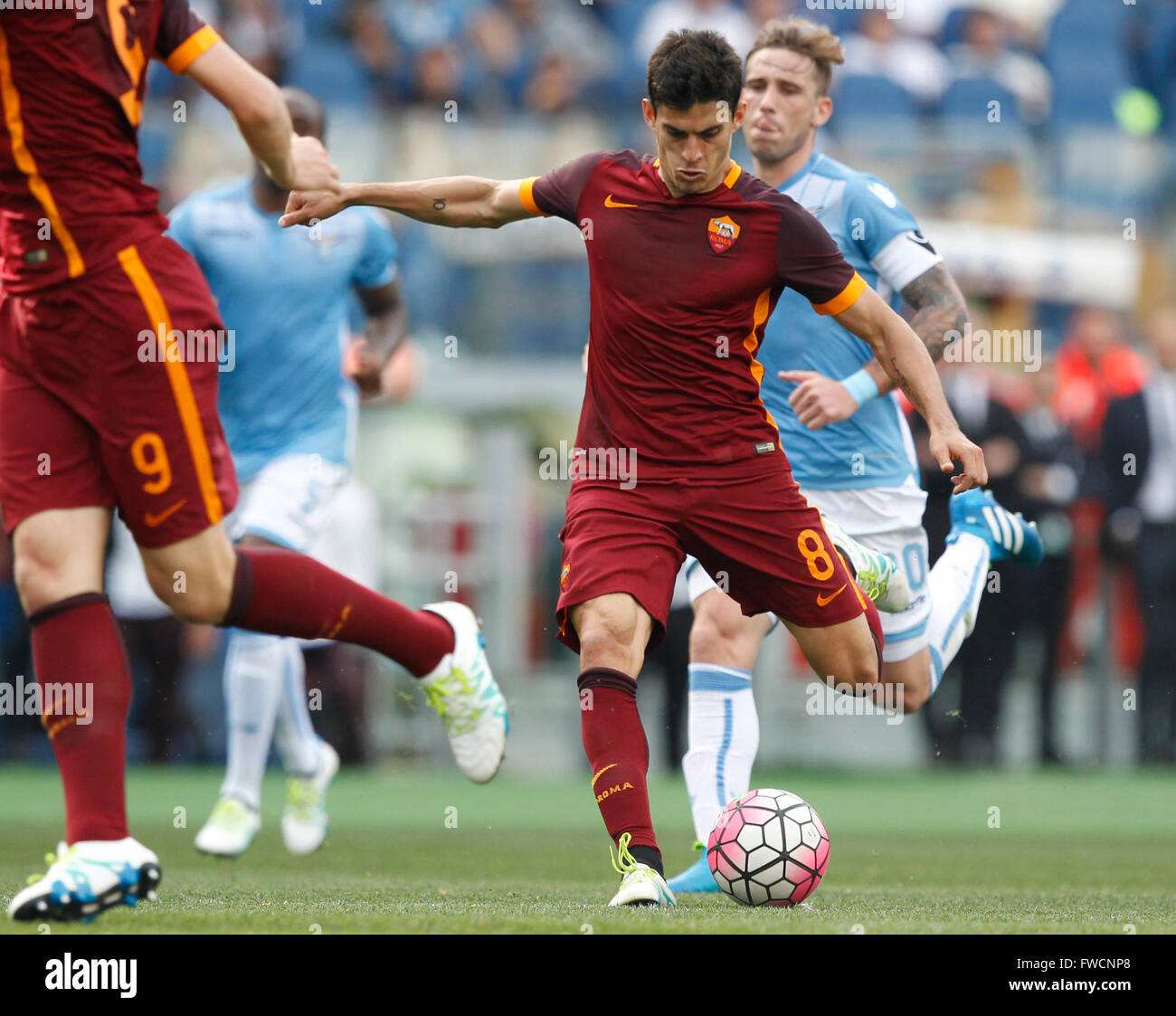 Rome, Italy. 03rd Apr, 2016. RomaÕs Diego Perotti kicks to score during ...