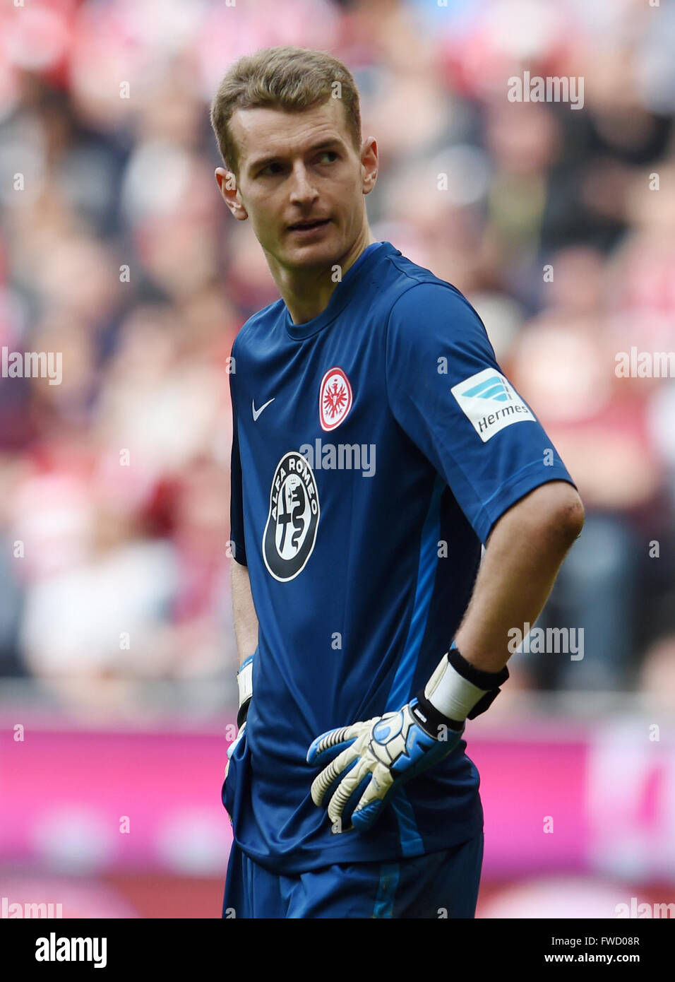 Munich, Germany. 2nd Apr, 2016. Frankfurt's goalkeeper Lukas Hradecky ...