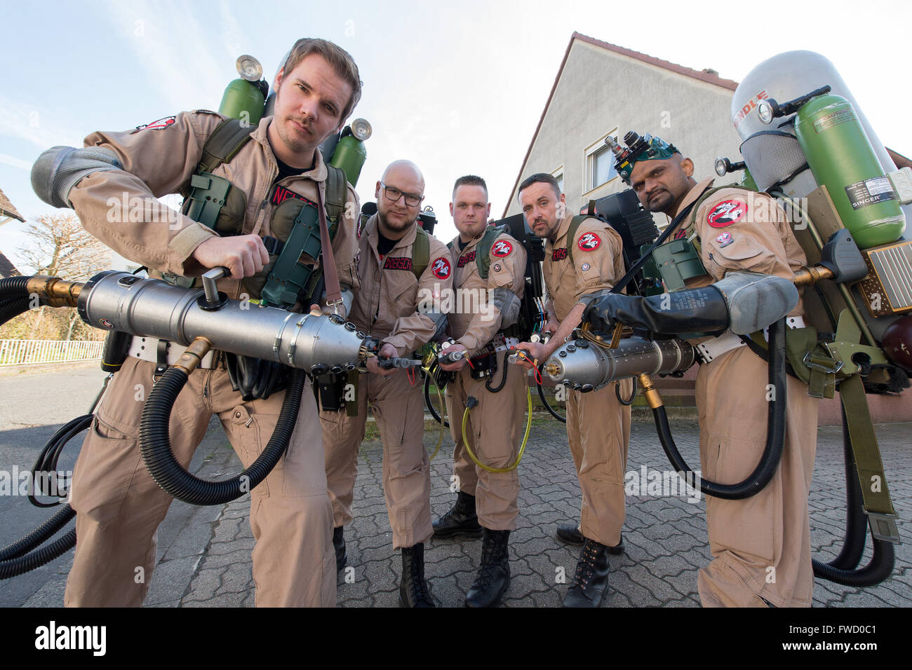 Schellerten, Germany. 1st Apr, 2016. Members of the Ghostbusters fan ...