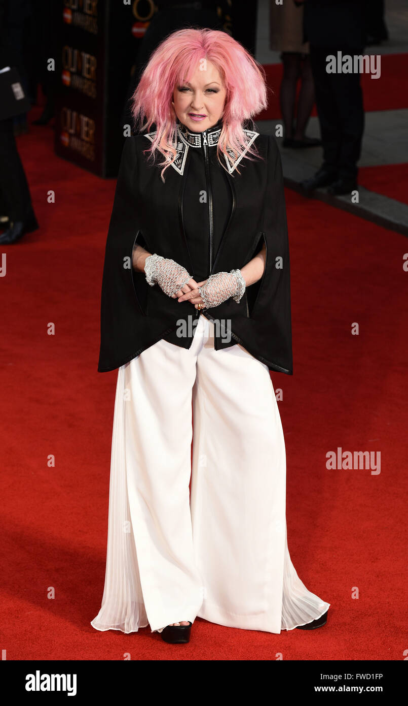 London, UK. 3rd April, 2016. Cyndi Lauper at 40th Olivier Awards held ...