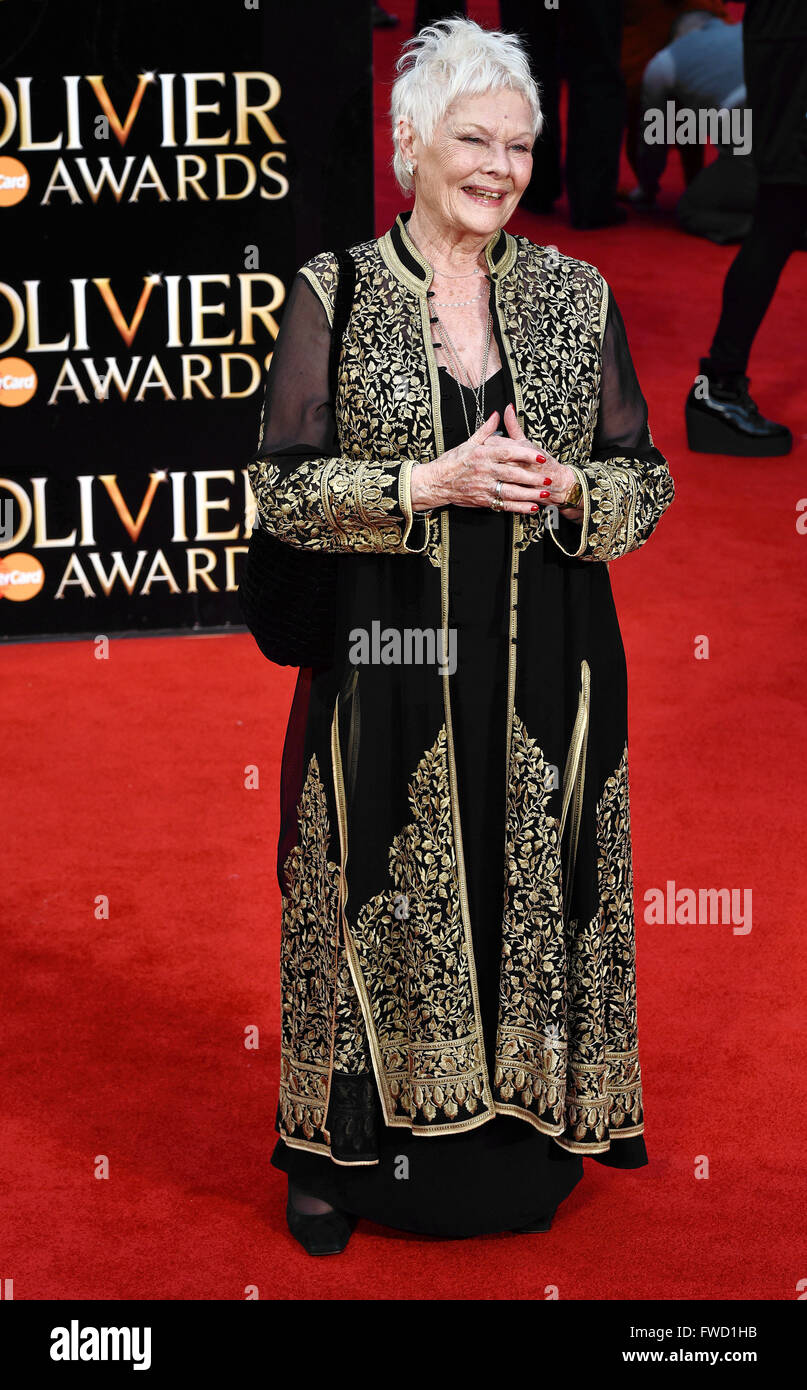 London, UK. 3rd April, 2016. Judi Dench at 40th Olivier Awards held at ...