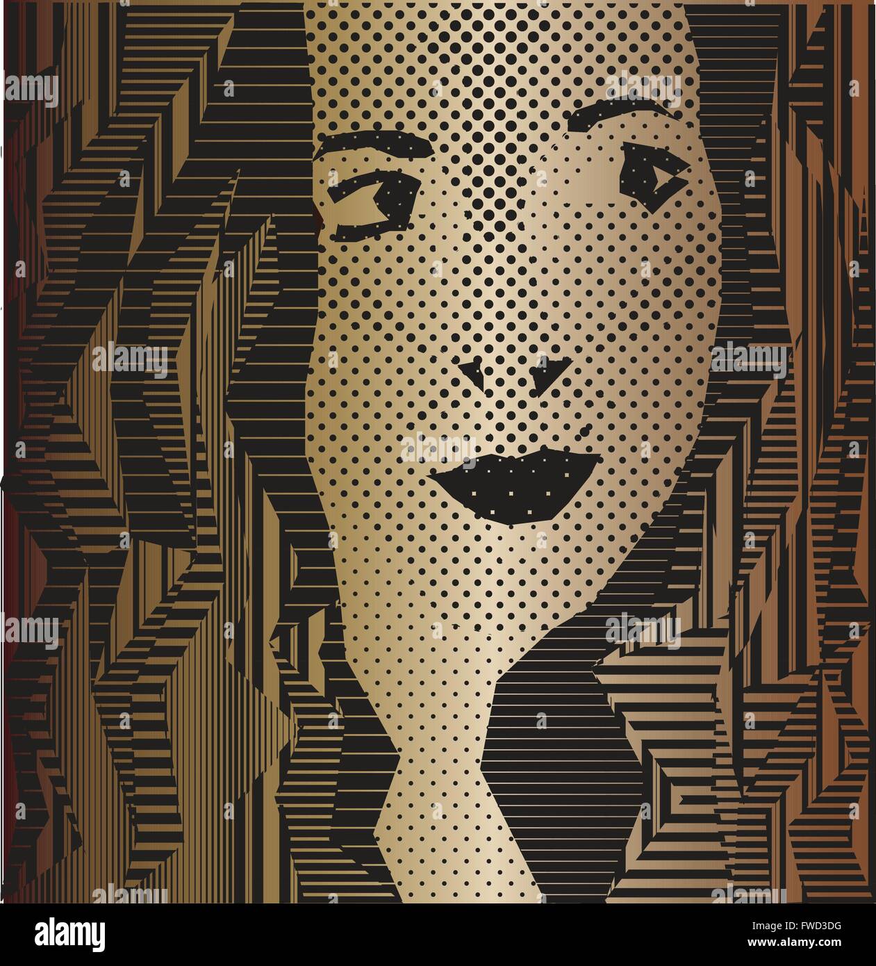 bronze dotted and lined retro portrait of an attractive girl Stock ...