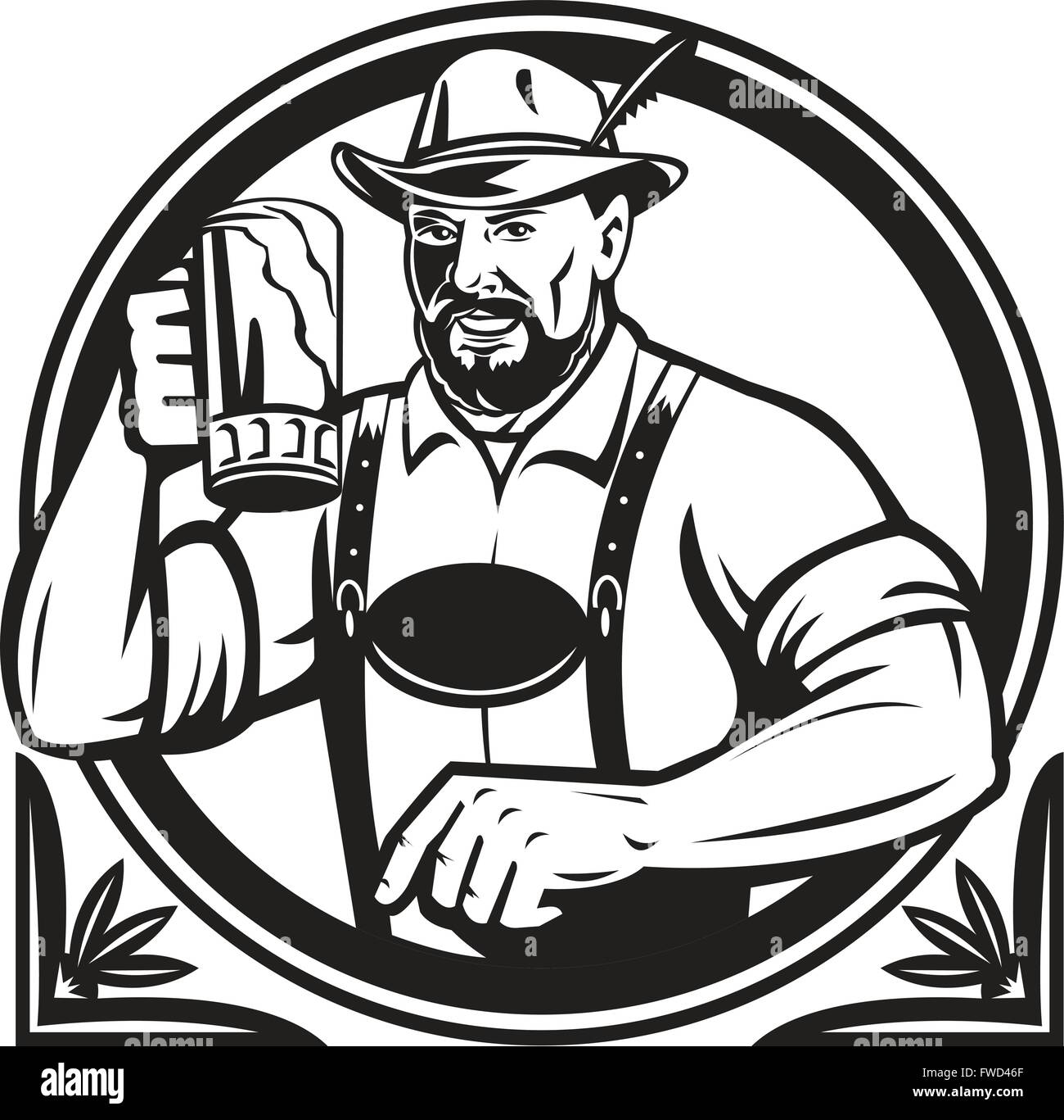 Black and white illustration of a German Bavarian beer drinker raising ...