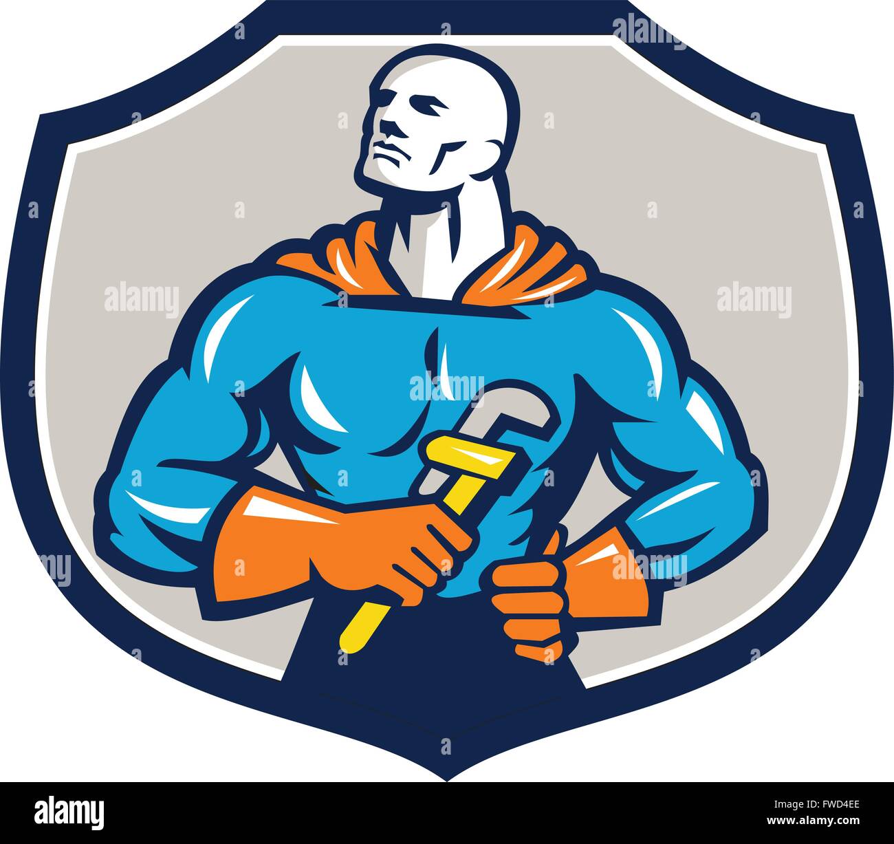 Illustration of a plumber superhero holding monkey wrench looking up to ...