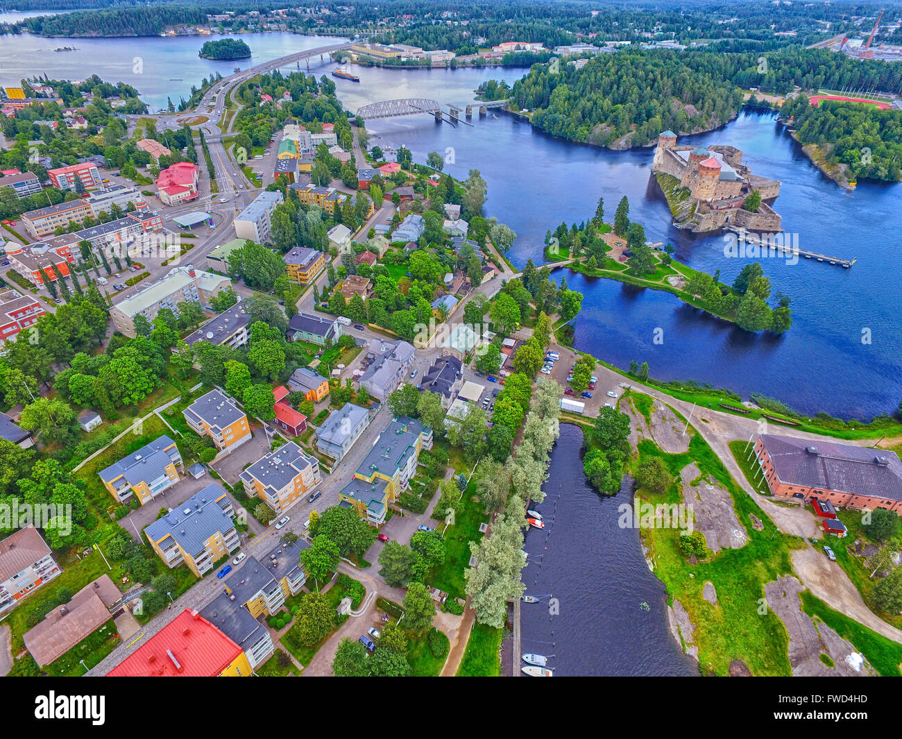 Aerial view of Olavinlinna Olofsborg Medieval 15th century Castle and ...