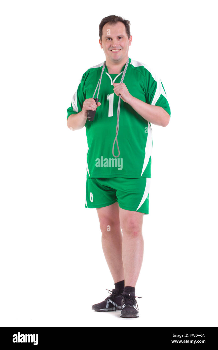 Adult man in sport green uniform with skipping rope, isolated on white ...