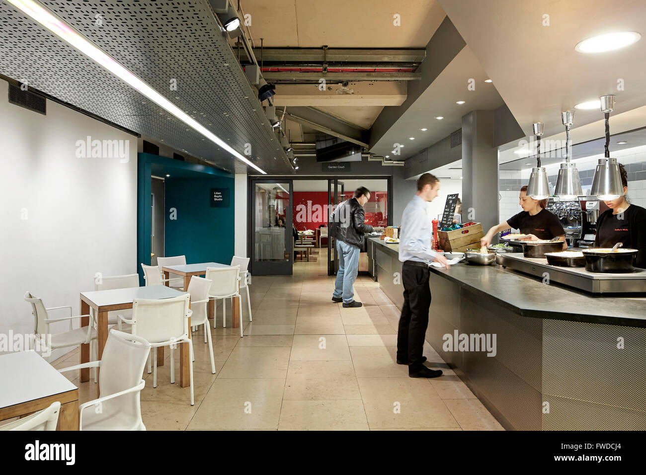 Bar seating servery visitor adult staff perspective exposed ceiling hi ...