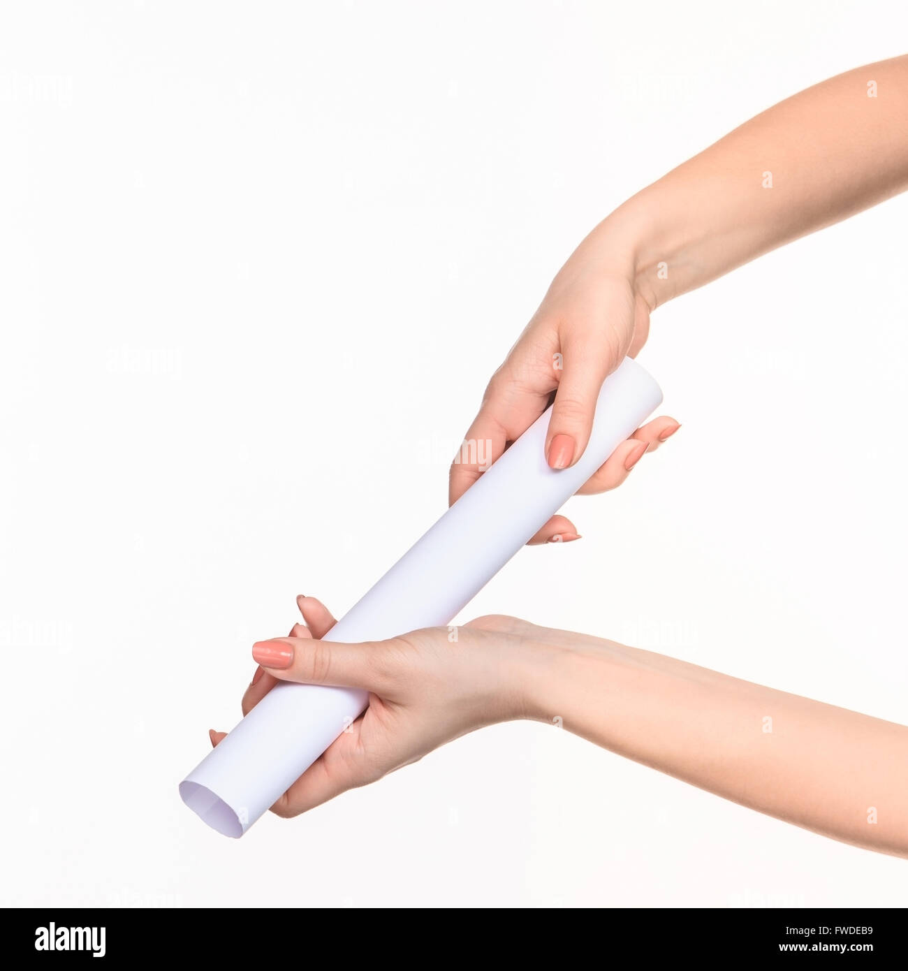 The cylinder female hands on white background Stock Photo - Alamy