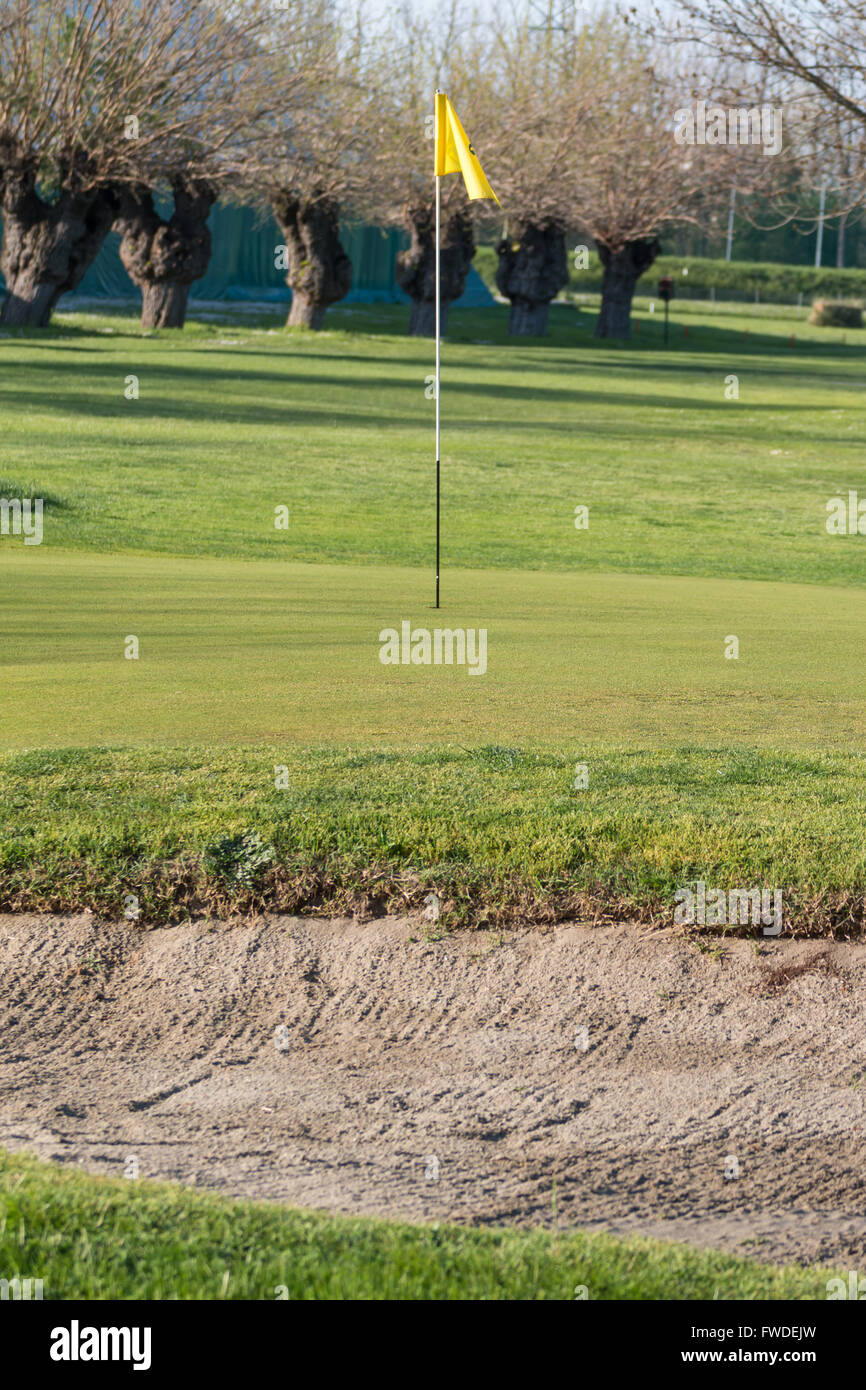 yellow flagstick in golf course in sunny day Stock Photo - Alamy