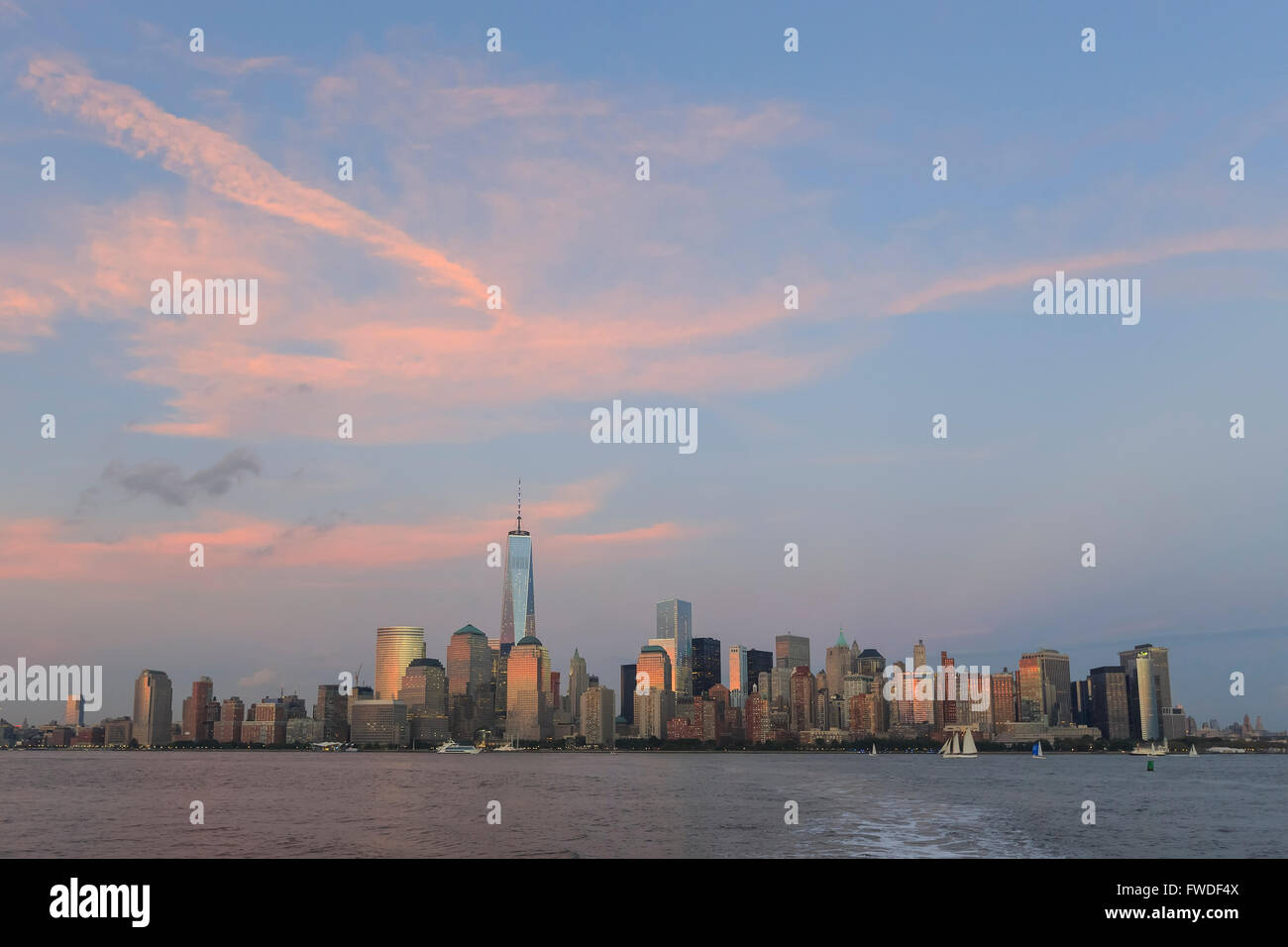New York City skyline during sunset with red clouds Stock Photo - Alamy