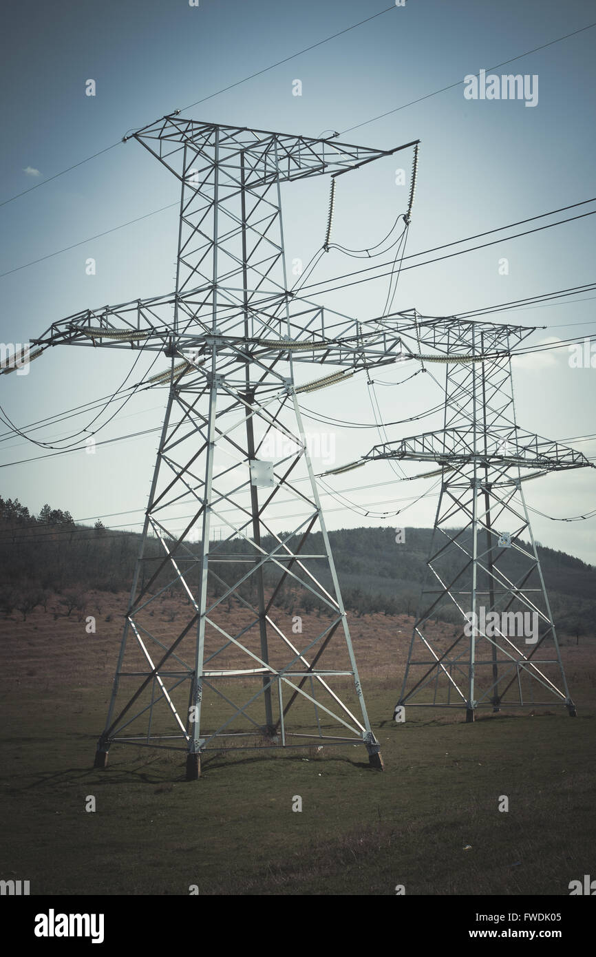 vintage high voltage electric power lines on pylons, power transmission ...