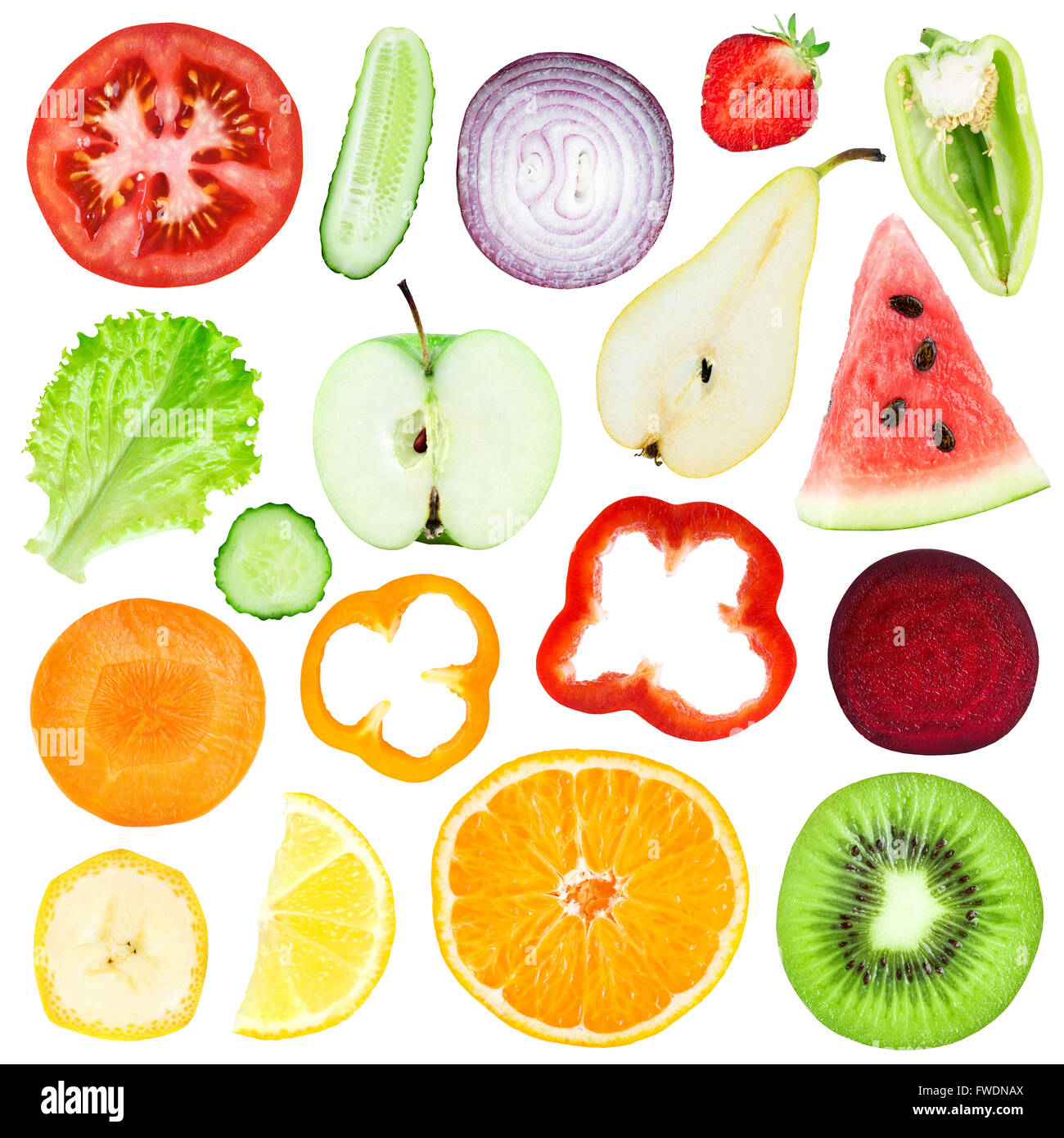 Slices of fruit and vegetable isolated on white background Stock Photo ...